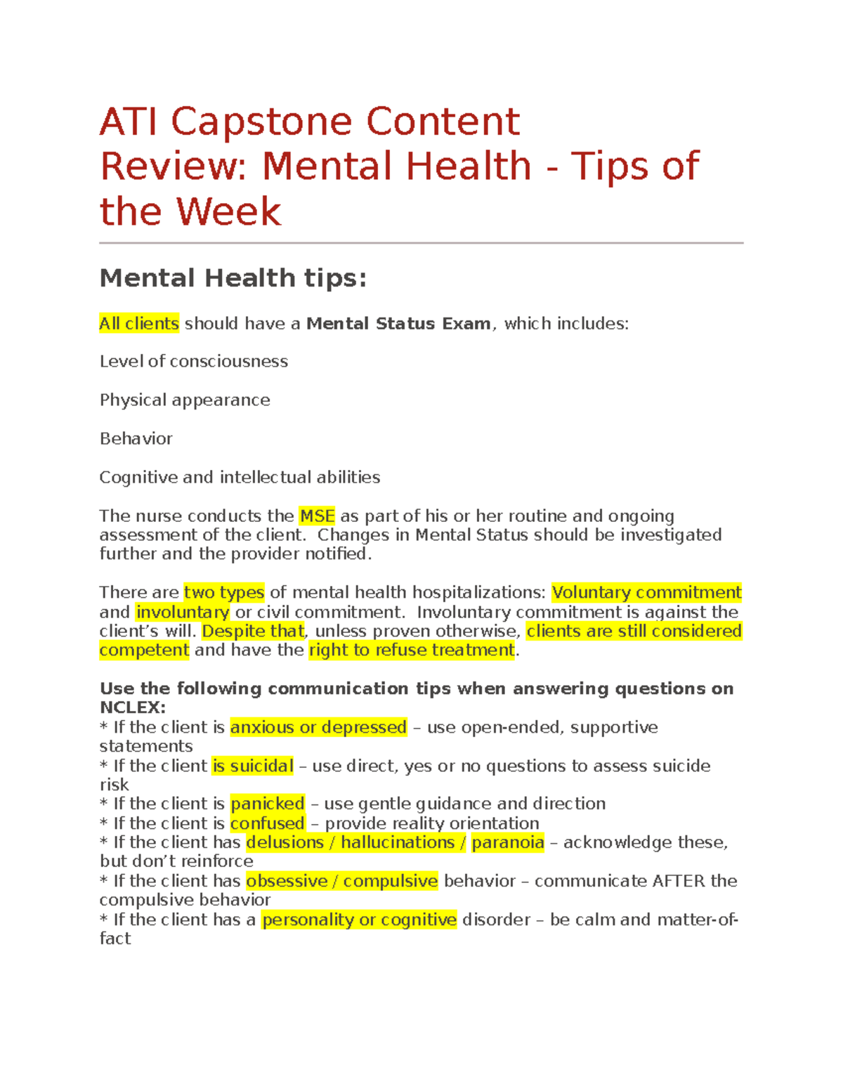 ATI MH Capstone Content Review: Key Concepts for NCLEX Success - Studocu