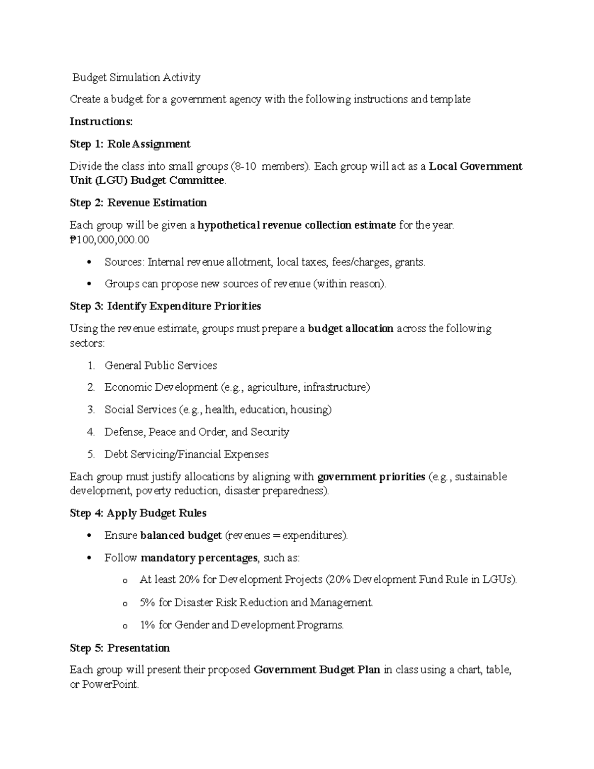 Budget Simulation Activity: Government Agency Budget Proposal - Studocu