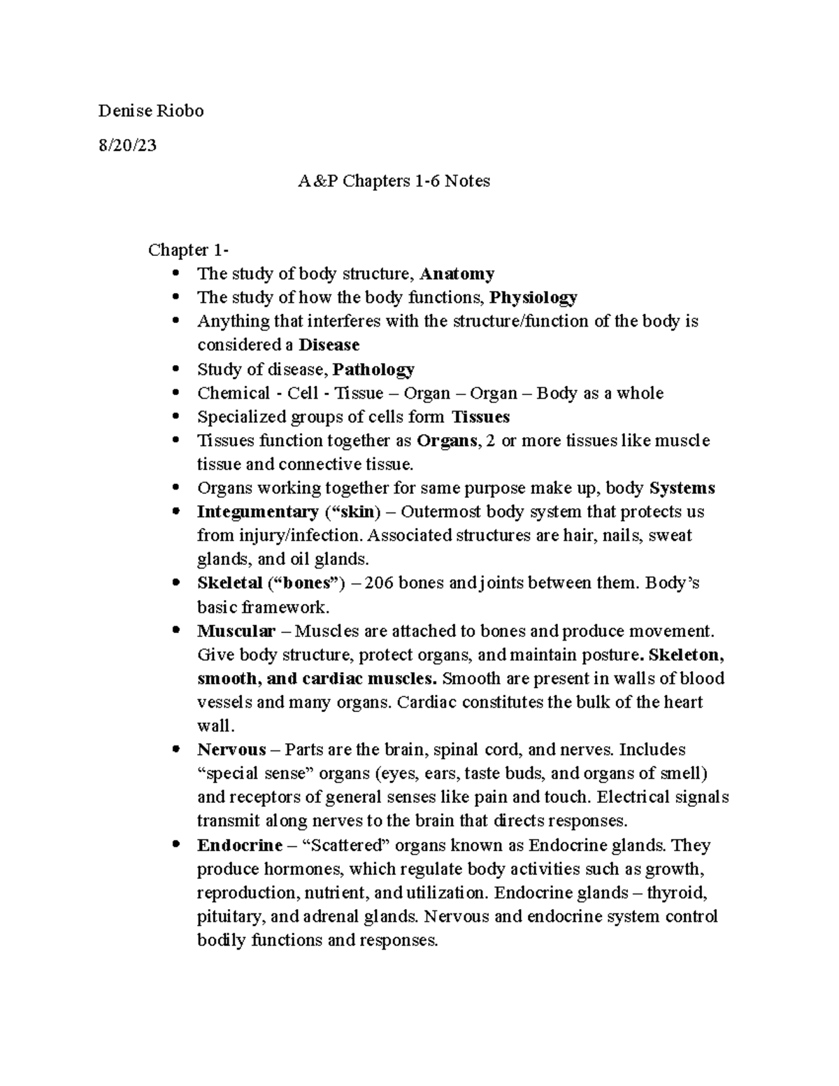 AP 1-6 A&P Notes: Anatomy, Physiology, and Body Systems Overview - Studocu