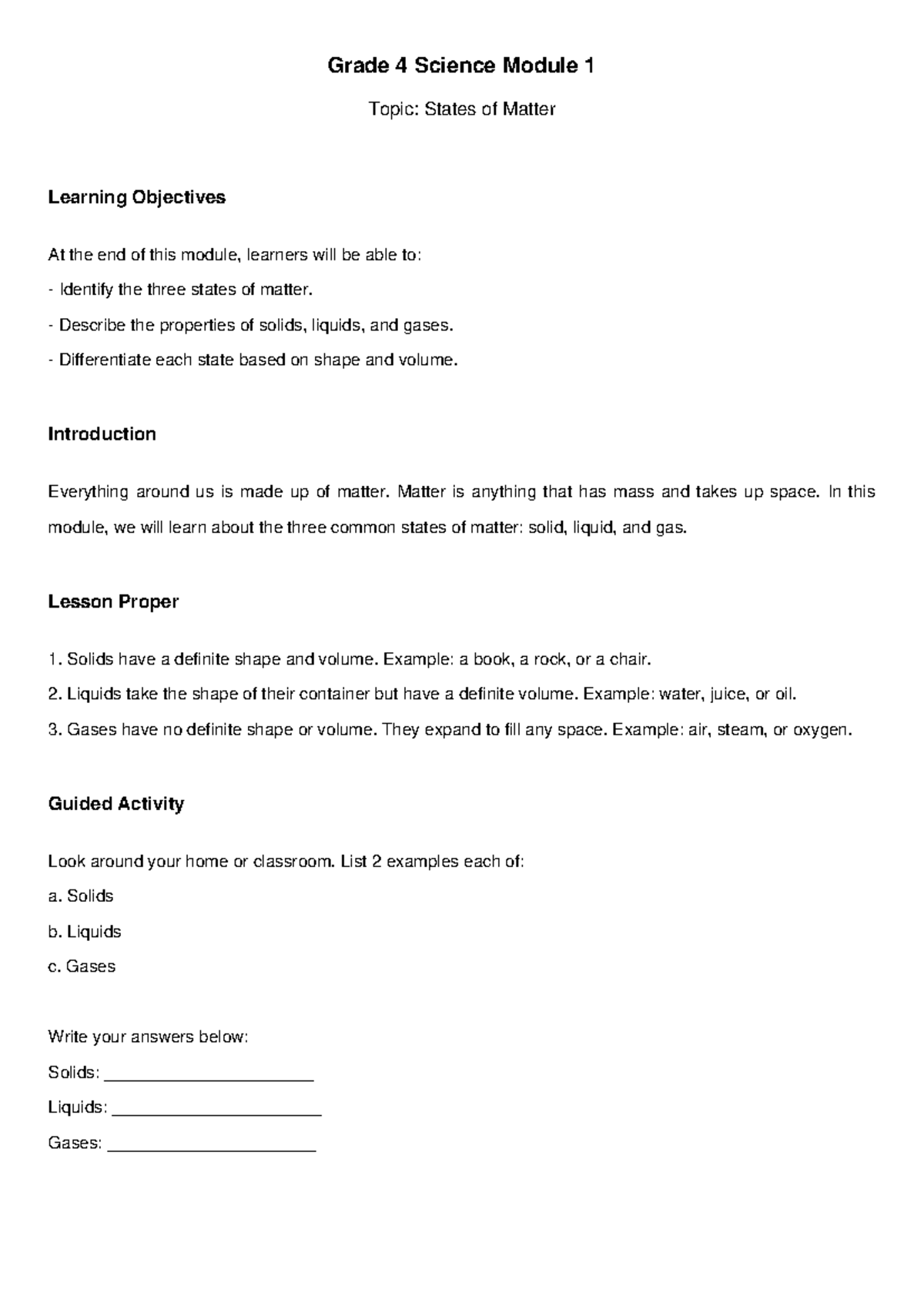 Grade 4 Science Module 1: Understanding States of Matter - Studocu