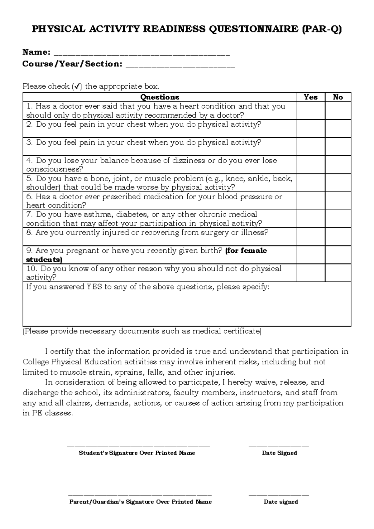 PHYSICAL ACTIVITY READINESS QUESTIONNAIRE (PAR-Q) Waiver Form - Studocu