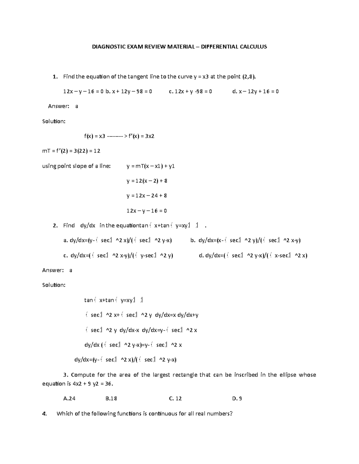 Diagnostic EXAM Reviewer Differential Calculus - DIAGNOSTIC EXAM REVIEW ...
