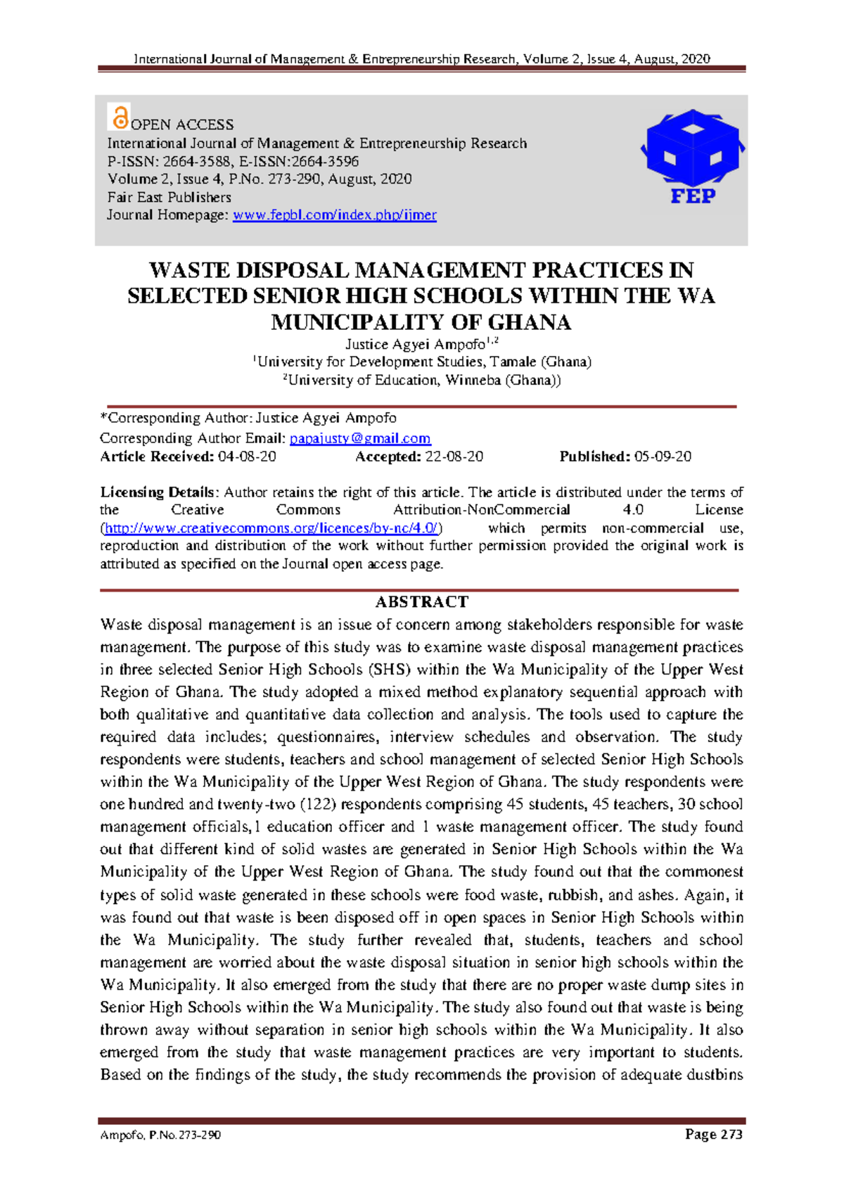 Waste Disposal Management Practices in Senior High Schools: A Study in ...