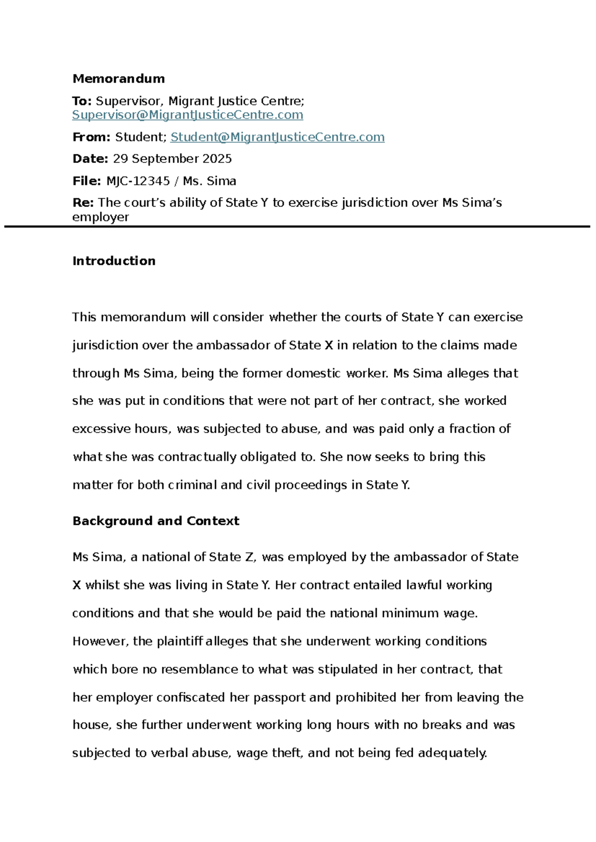 International Memo: Jurisdiction Over Ambassador in Domestic Worker ...