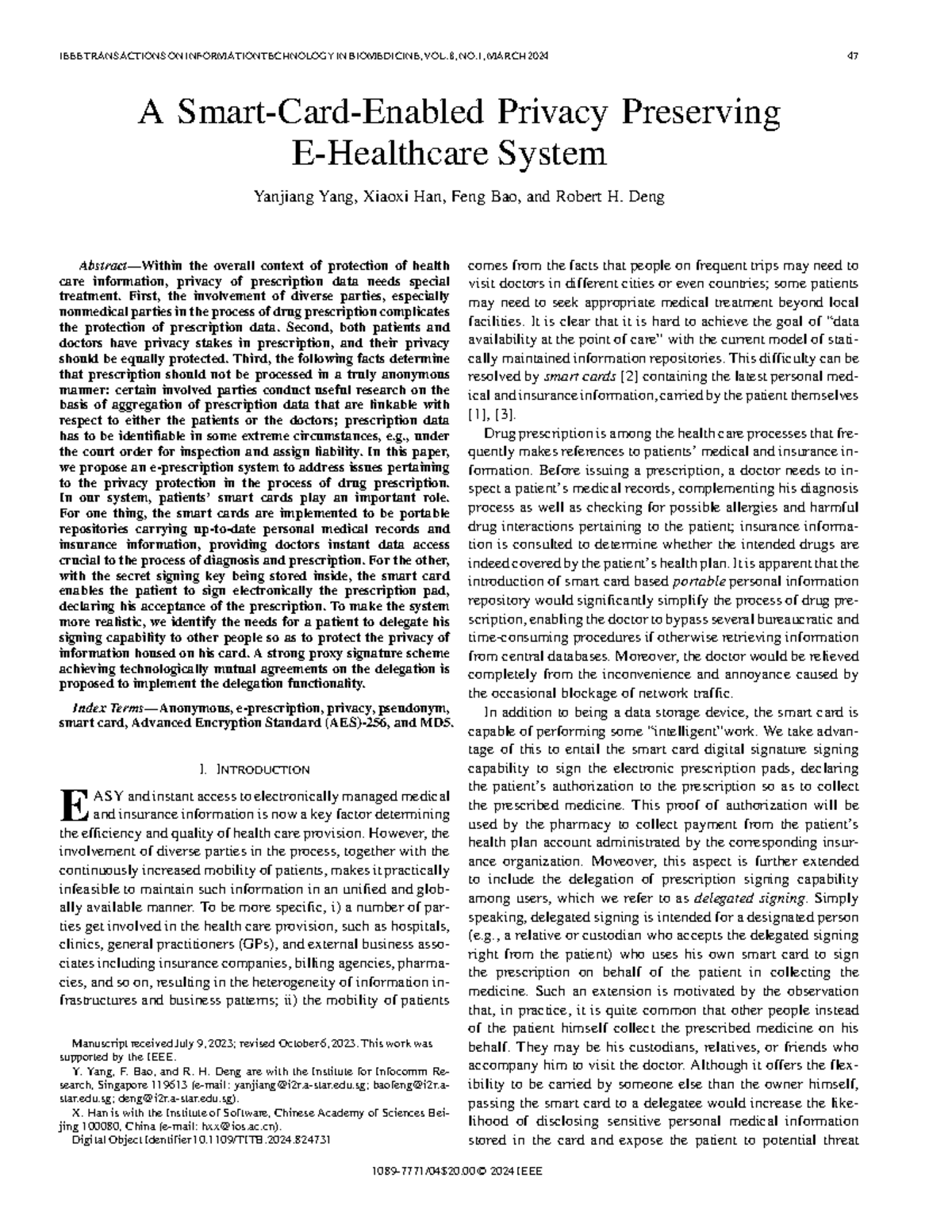 A Smart-Card-Enabled Privacy Preserving E-Prescription System (ITB 2024 ...