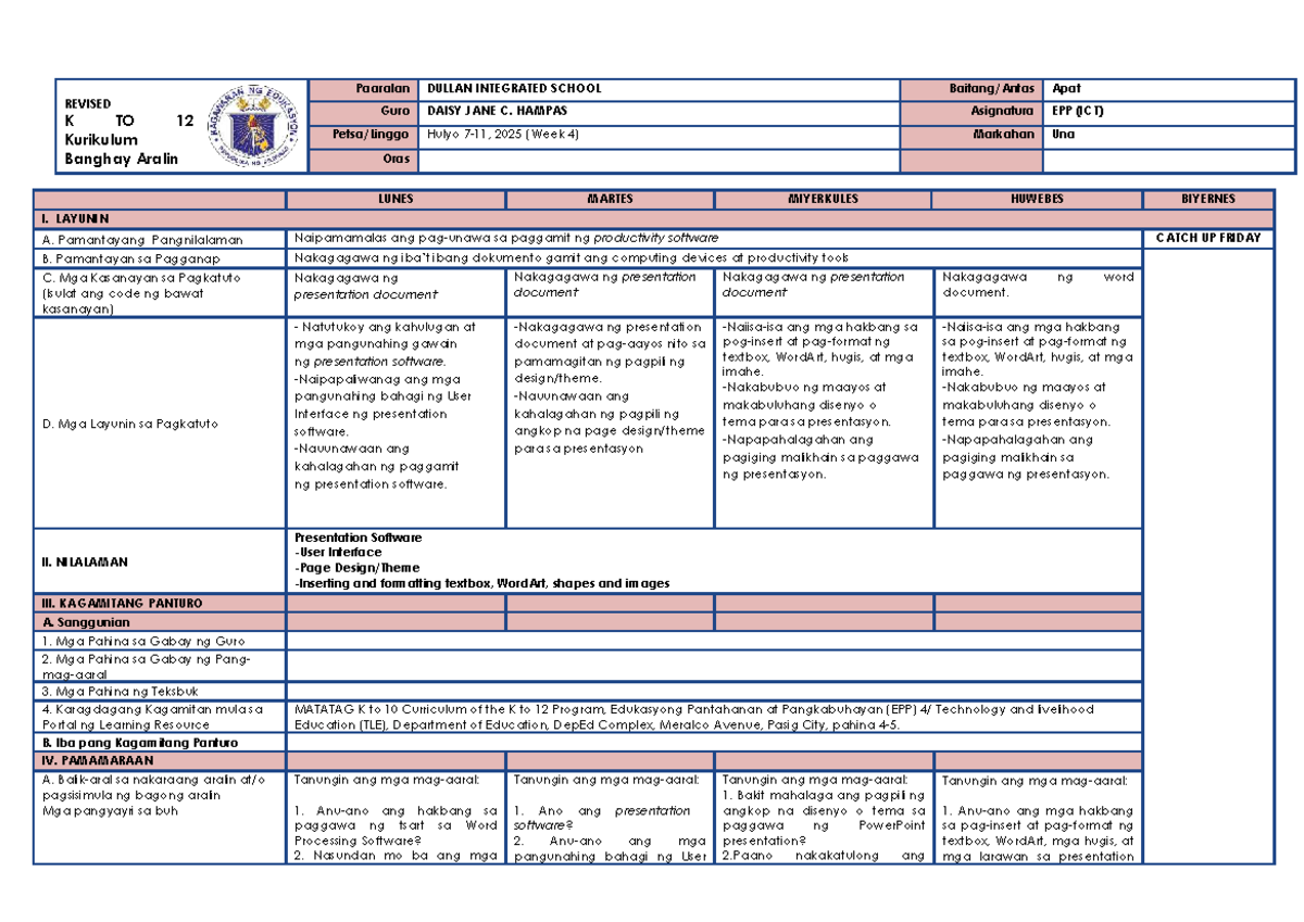 EPP4-Q1-W4 Lesson Plan on Presentation Software and Design - Studocu