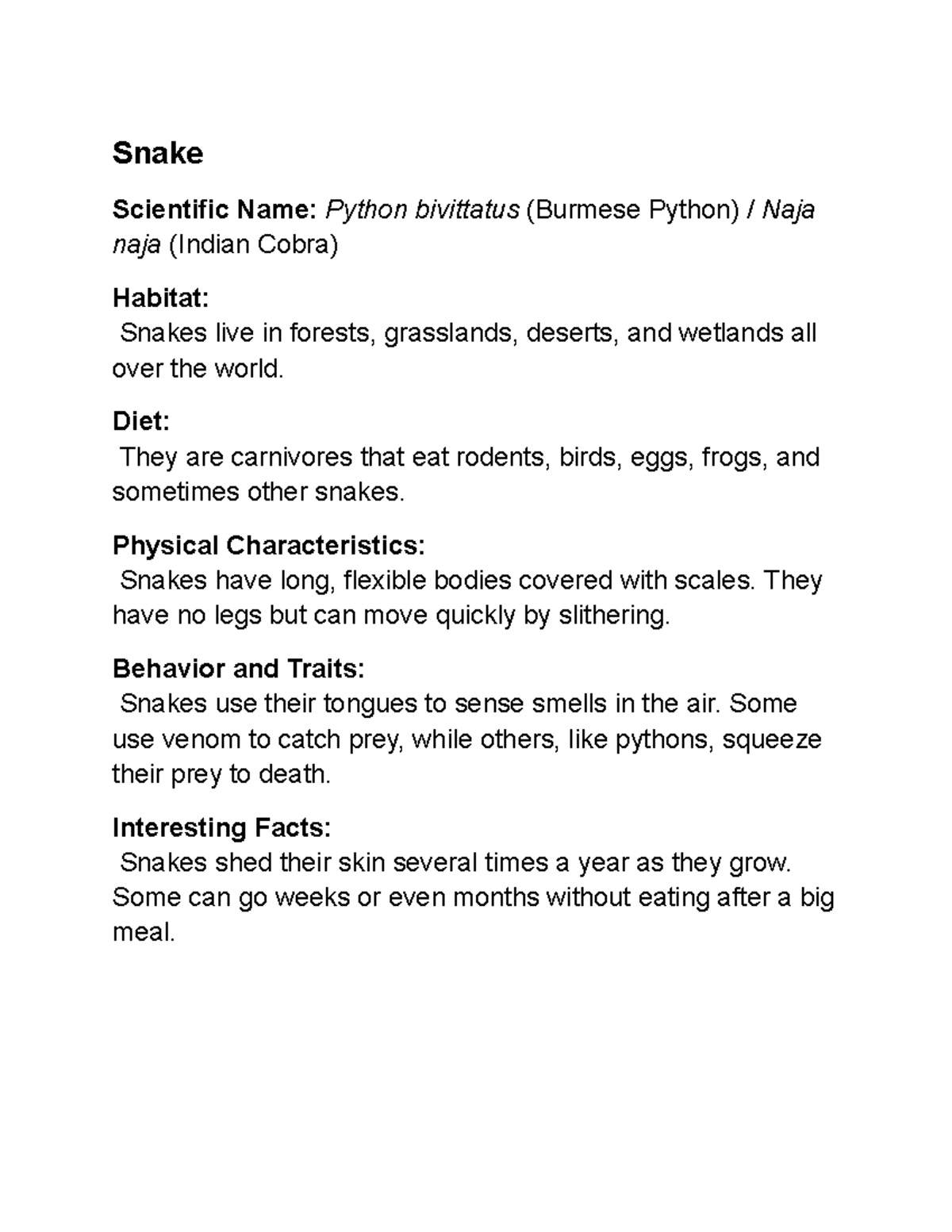 Snake Biology and Behavior: Python bivittatus & Naja naja - Studocu