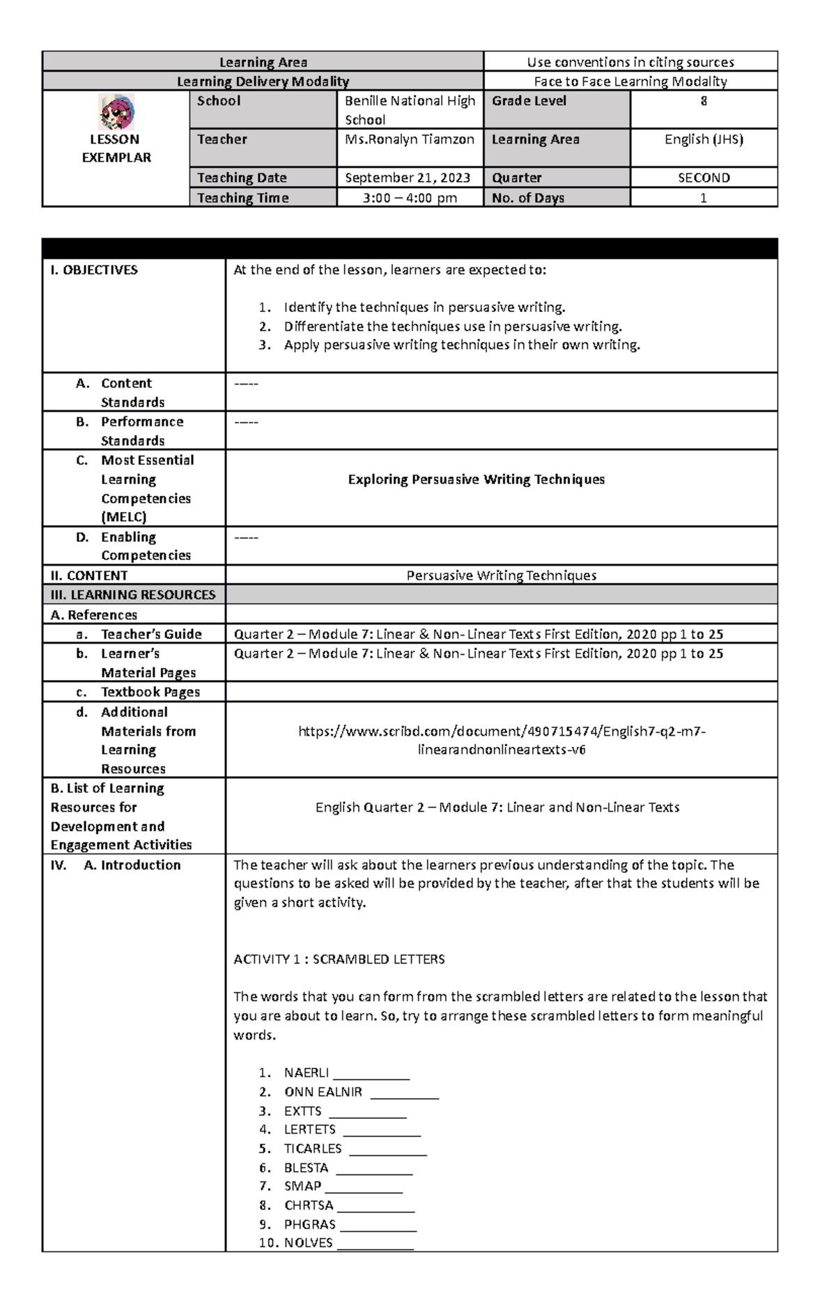 Lesson Plan (Linear and Non-Linear Texts) - Learning Area Use ...