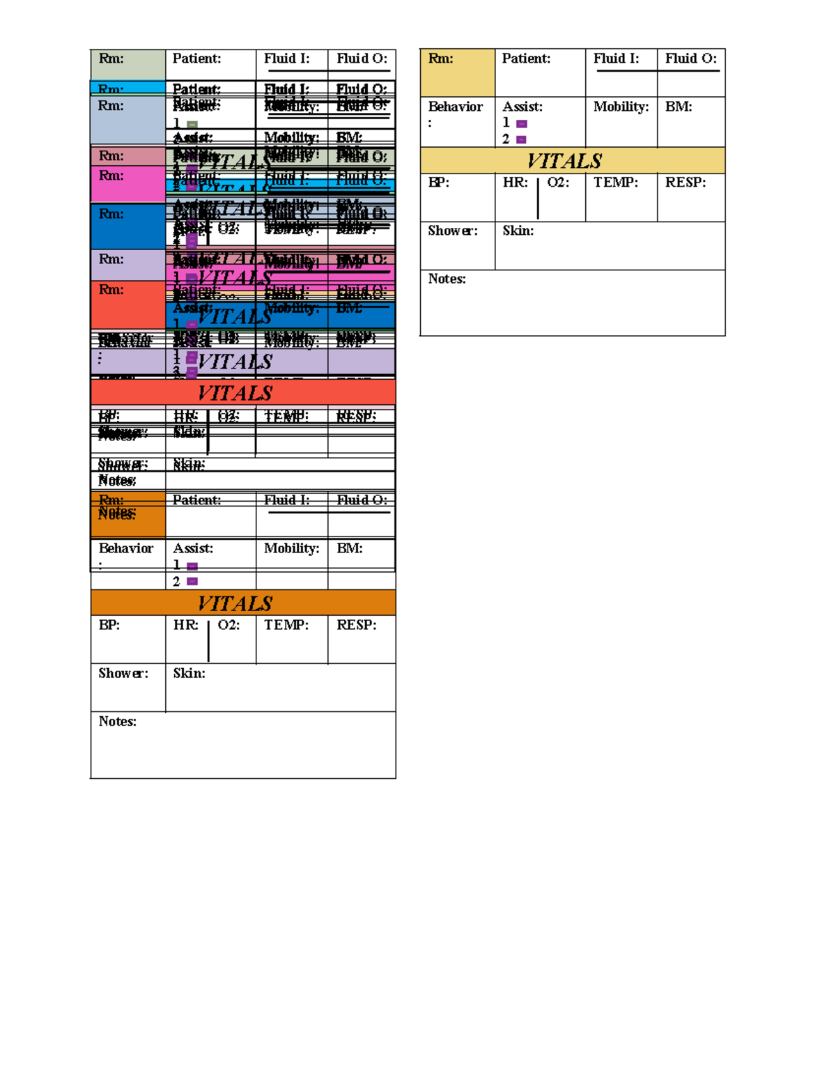 CNA Charting - Rm: Patient: Fluid I: Fluid O: Behavior : Assist: 1 2 ...