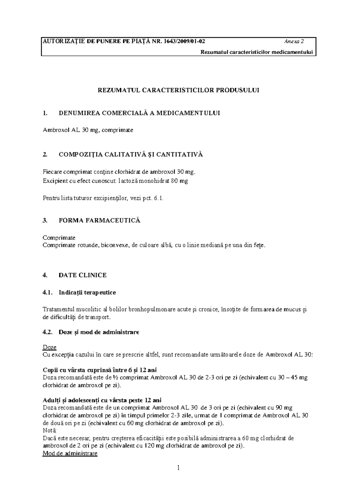 RCP 1643 08 - Ambroxol AL 30 mg: Rezumat Caracteristici Medicament ...
