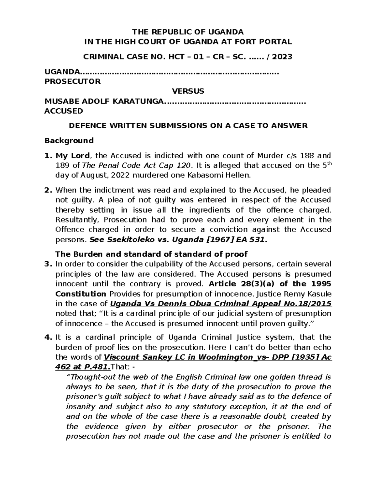 Defence Written Submissions on Prima Facie Case: Musabe Adolf Karatunga ...