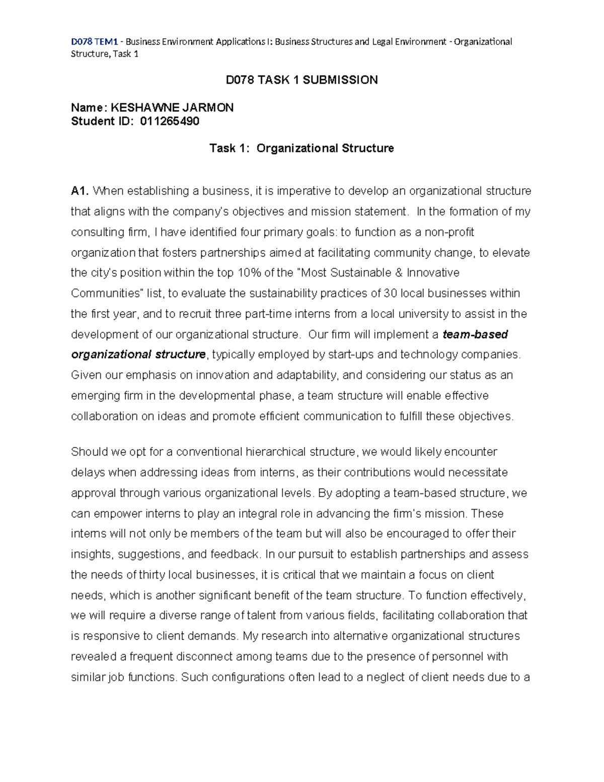 D078 - Task 1 - PASSED - D078 TEM1 - Business Environment Applications ...