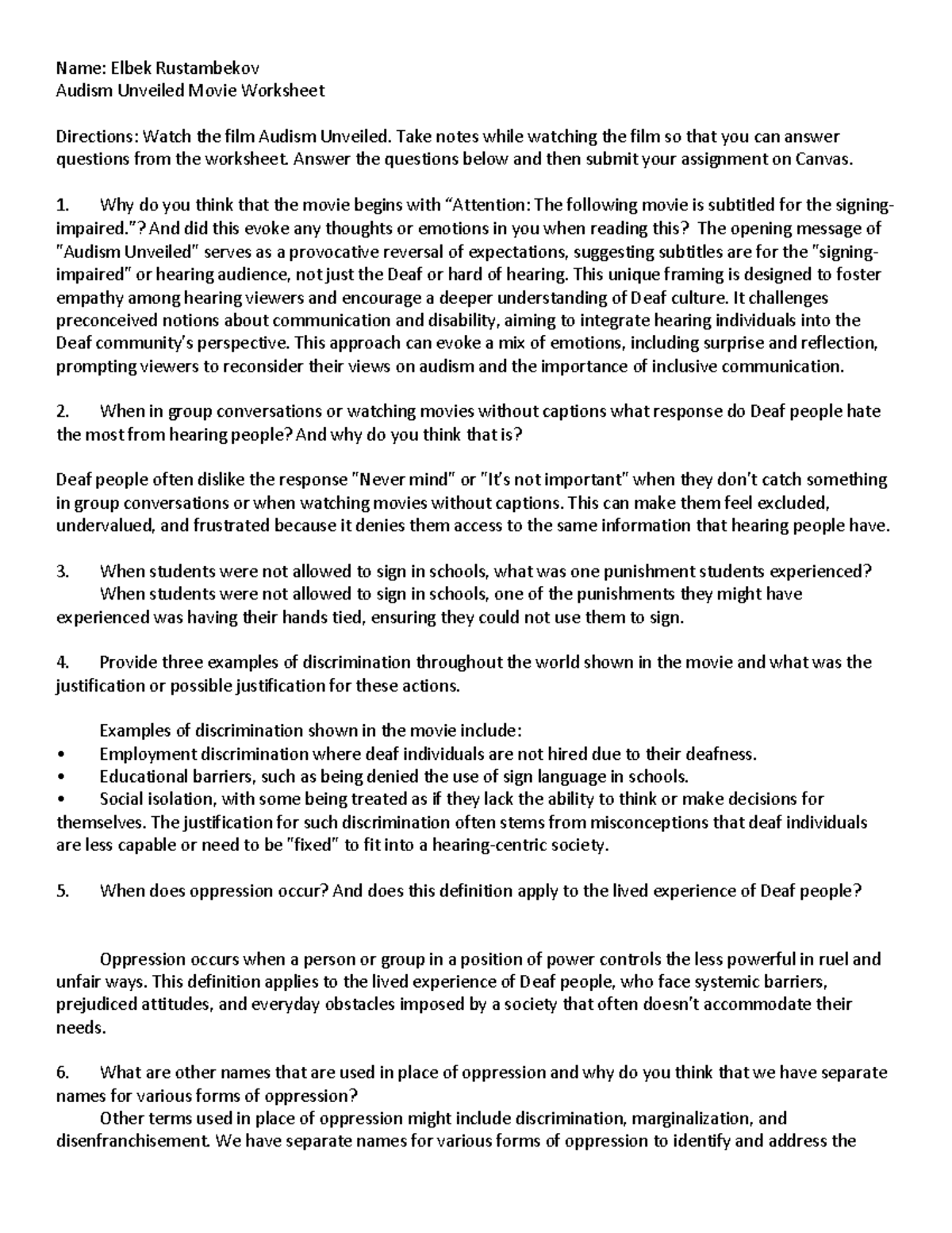 AUD 101: Audism Unveiled Movie Worksheet & Reflection Notes - Studocu