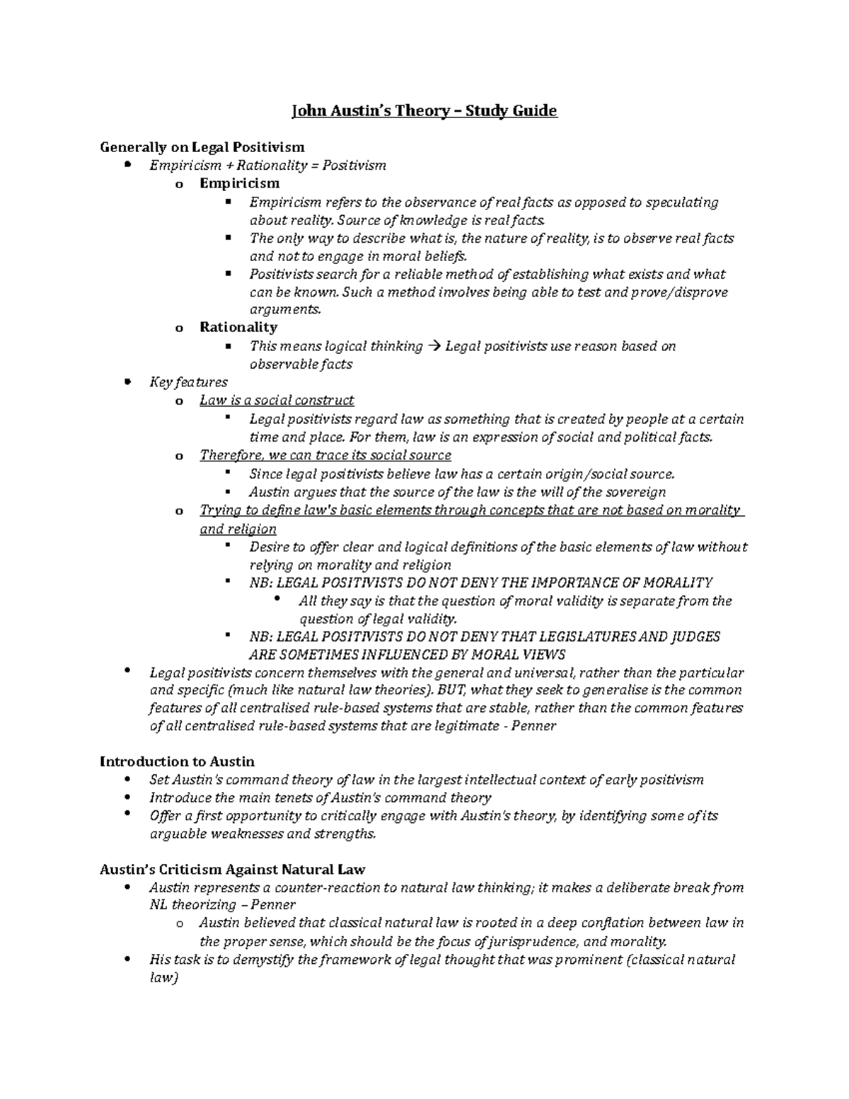 John Austin's Command Theory: A Study Guide on Legal Positivism - Studocu