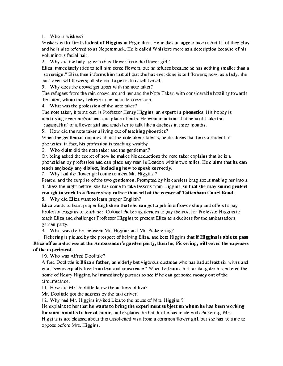 BCA 2 Mark Questions on Pygmalion: Key Insights & Characters - Studocu