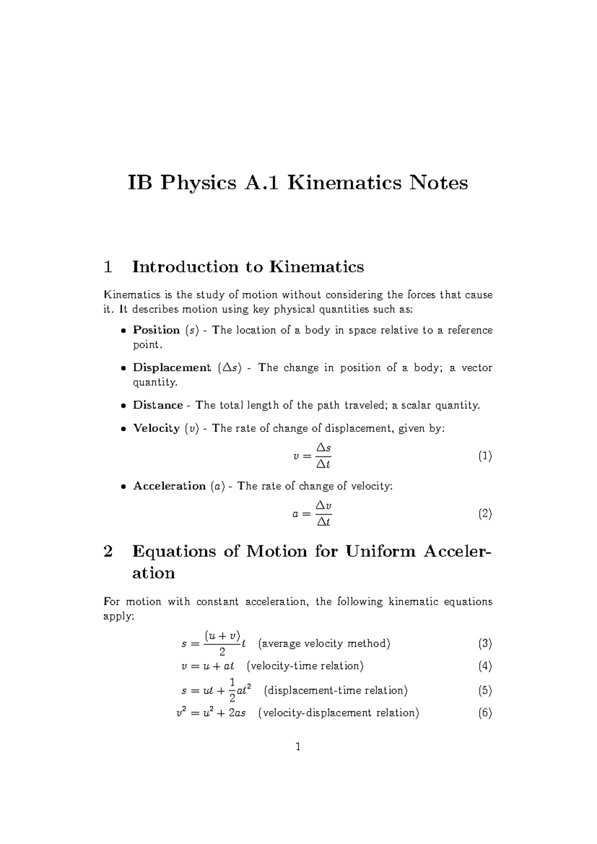 Physics notes - IB Physics A Kinematics Notes 1 Introduction to ...