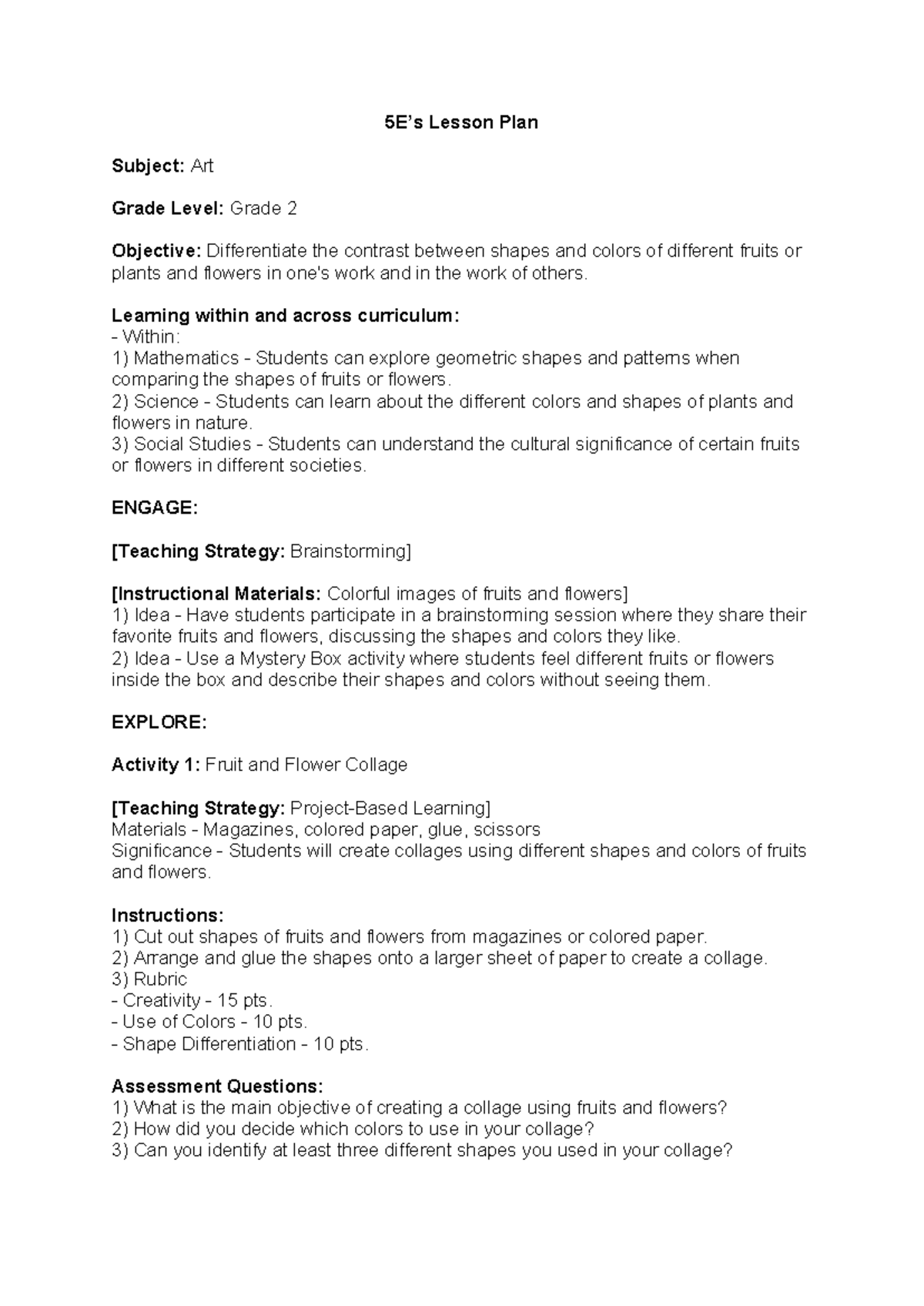5E's Art Lesson Plan for Grade 2: Exploring Shapes & Colors - Studocu