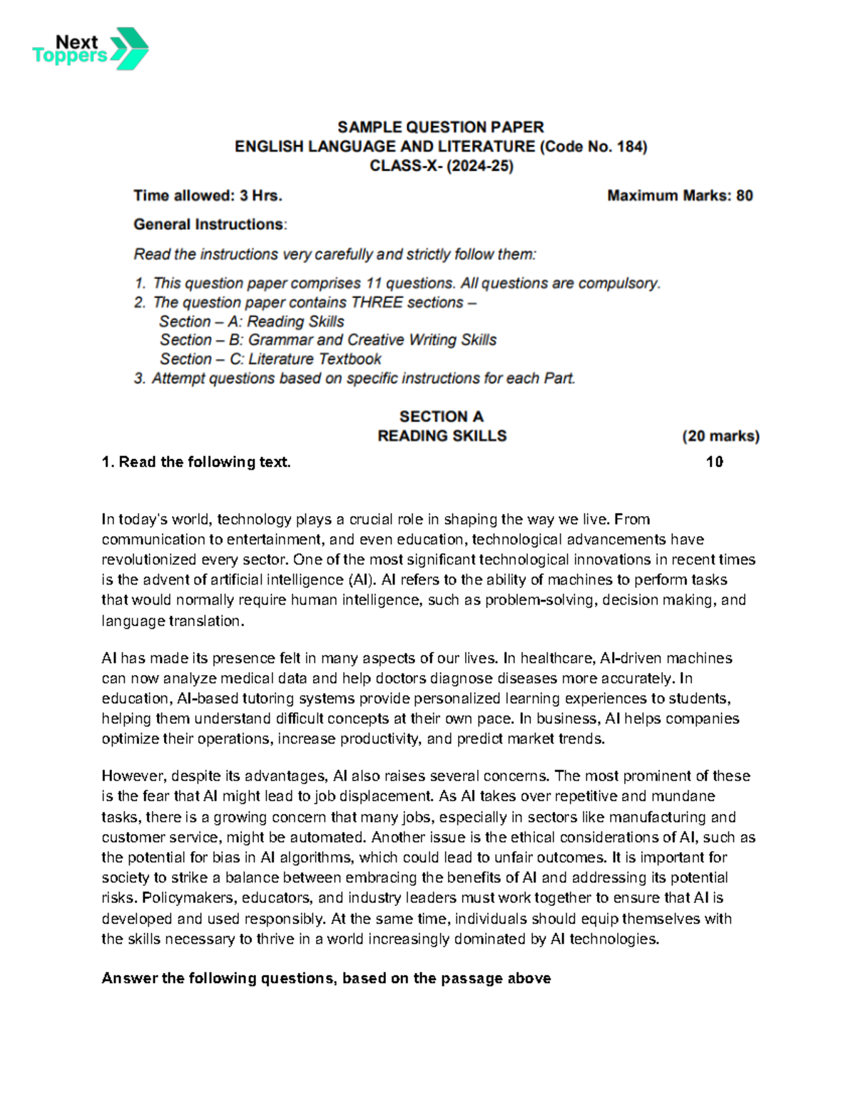 Class 10th English Best Sample Paper~Next Toppers - Read the following ...