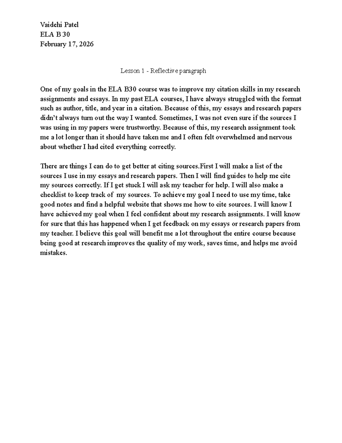 ELA B30 Lesson 1: Reflective Paragraph on Citation Skills - Studocu