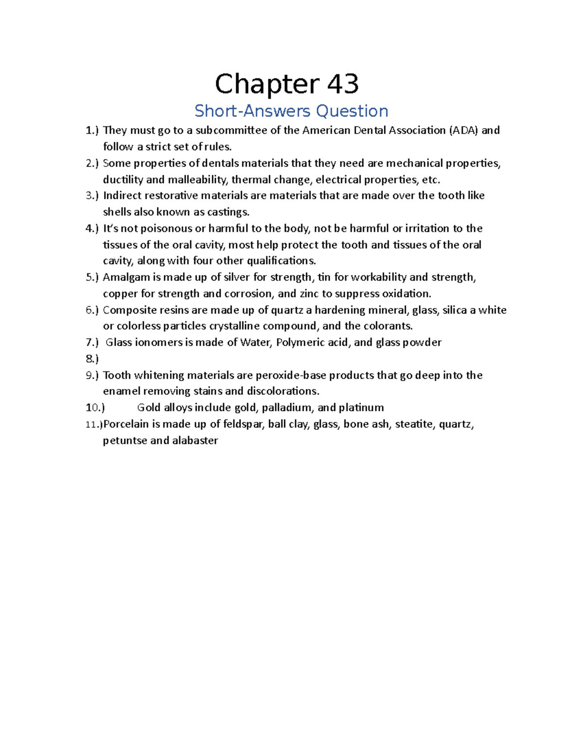 Chapter 43 Short Answer Questions for ADA Materials Exam - Studocu