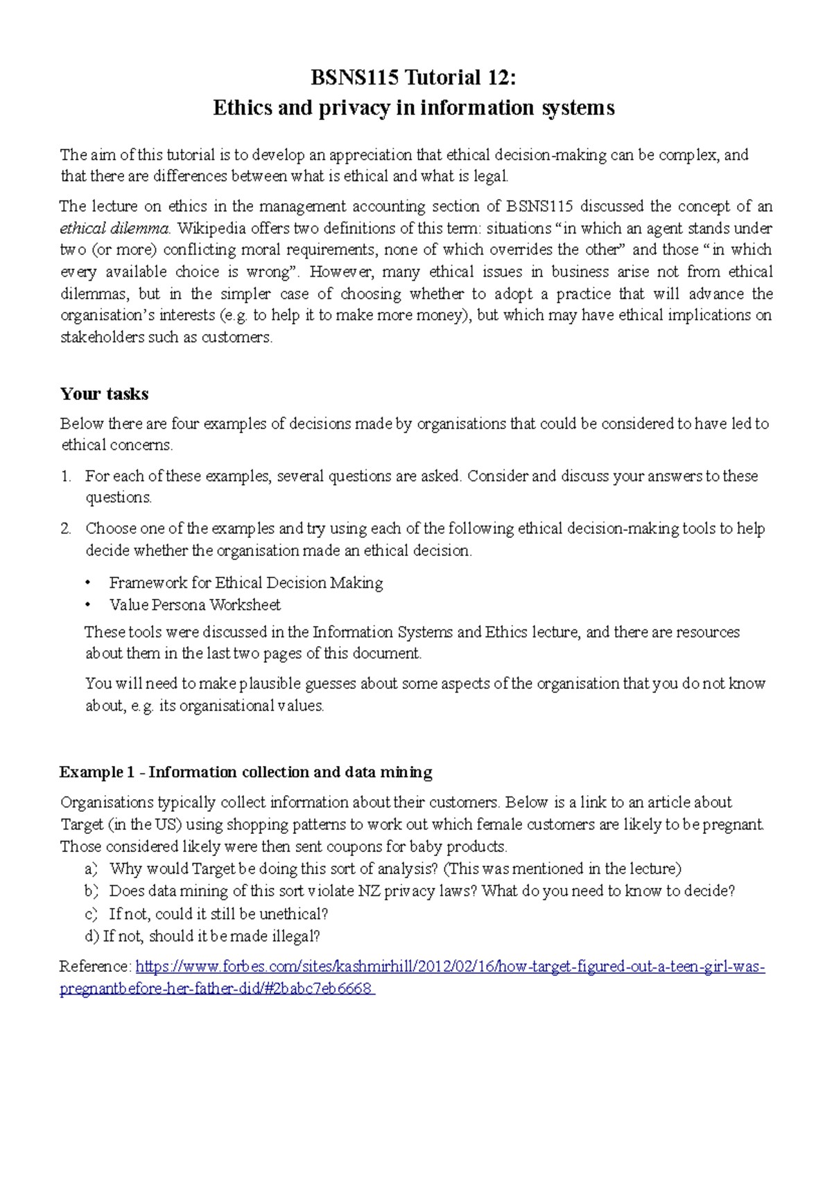 BSNS115--Tutorial 12: Ethics and Privacy in Information Systems - Studocu