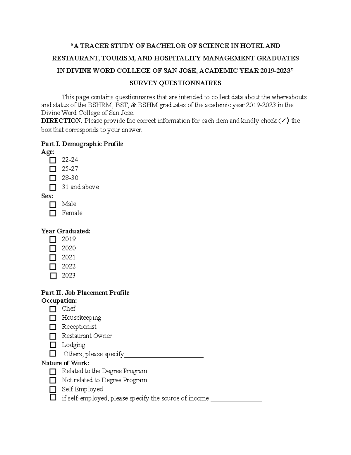 Tracer Study Survey Questionnaires for BSHRM/BST/BSHM 2019-2023 - Studocu