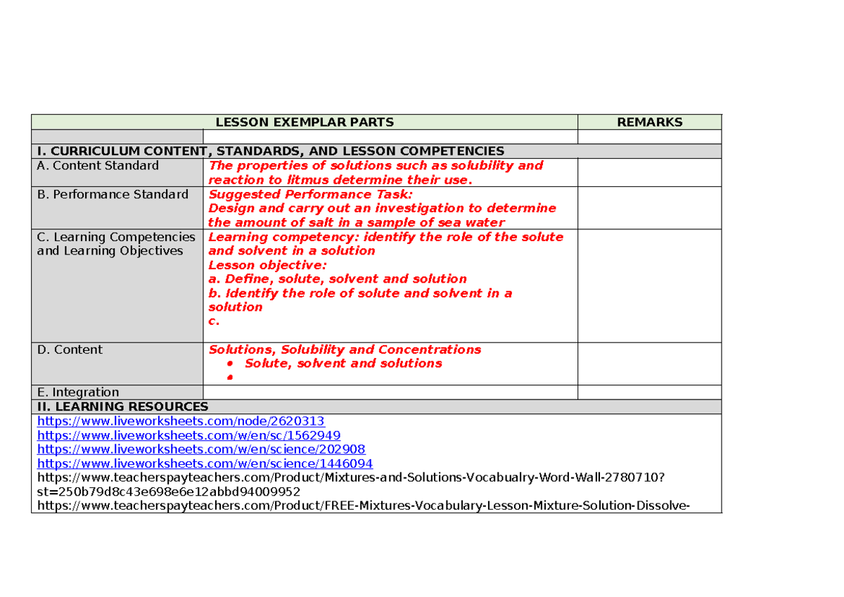 Solutions Lesson Matatag - LESSON EXEMPLAR PARTS REMARKS I. CURRICULUM ...