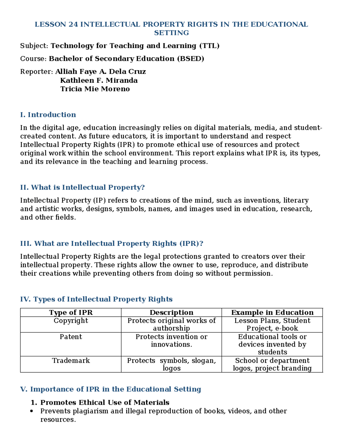 LESSON 24: INTELLECTUAL PROPERTY RIGHTS IN EDUCATION (TTL - BSED) - Studocu