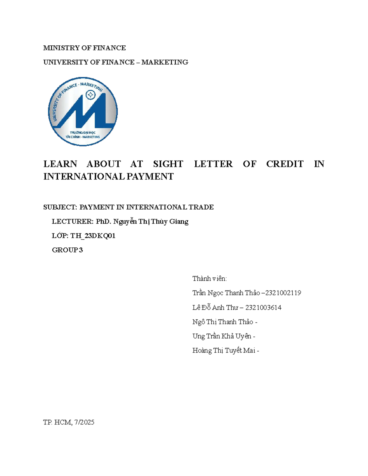 TH_23DKQ01: At Sight Letter of Credit in International Trade - Studocu