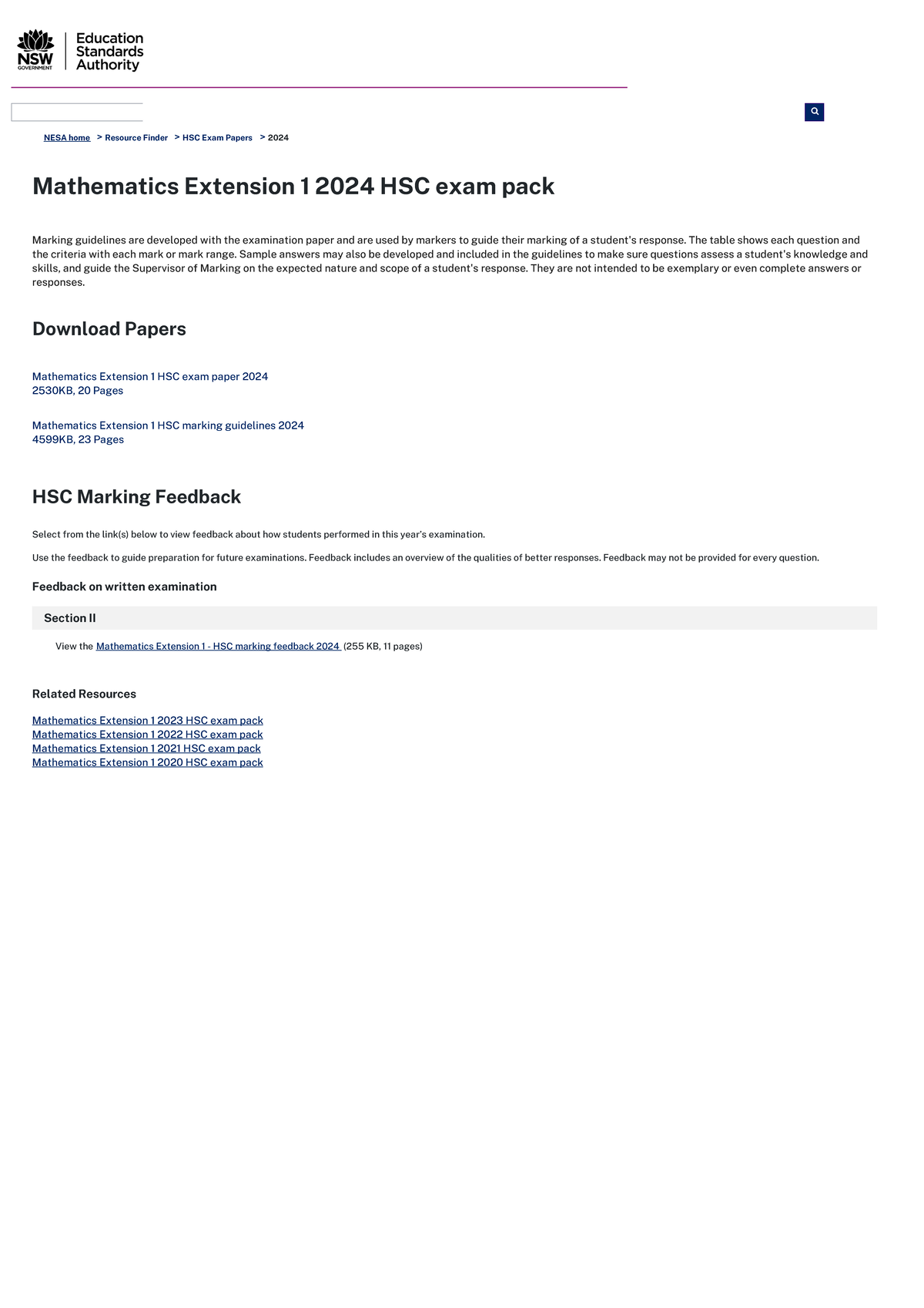 Mathematics Extension 1 2024 HSC exam pack NSW Education Standards ...