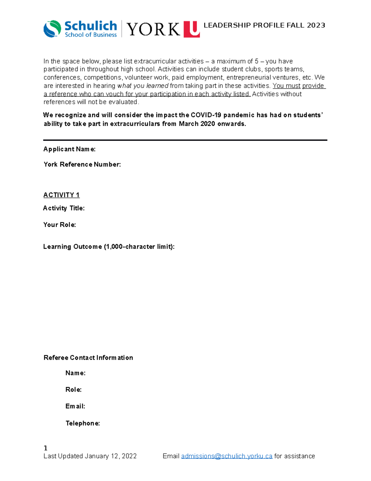 Leadership Profile - Extracurricular Activities Submission - Fall 2023 ...