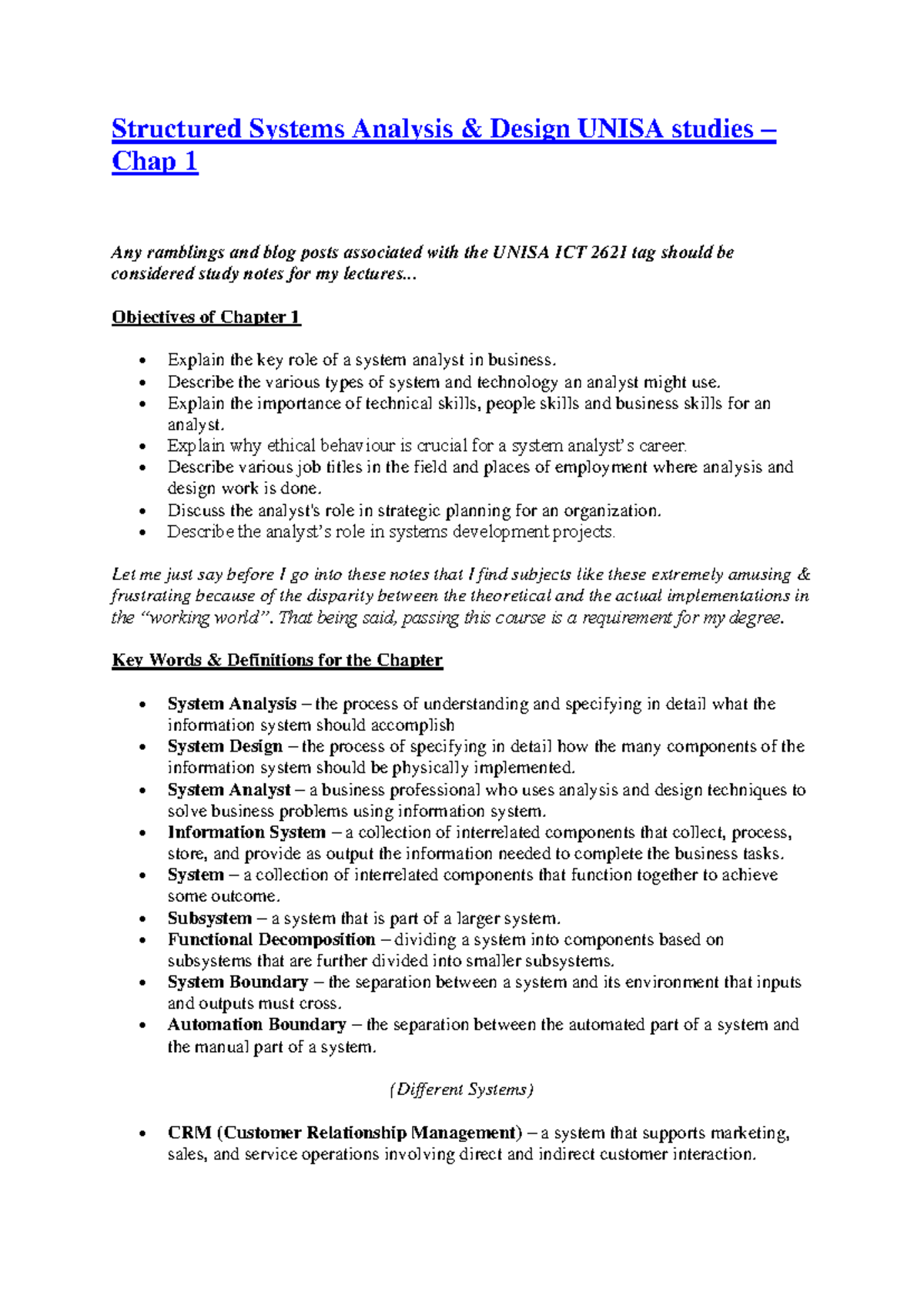 ICT2621 - Structured Systems Analysis & Design Lecture Notes - Studocu