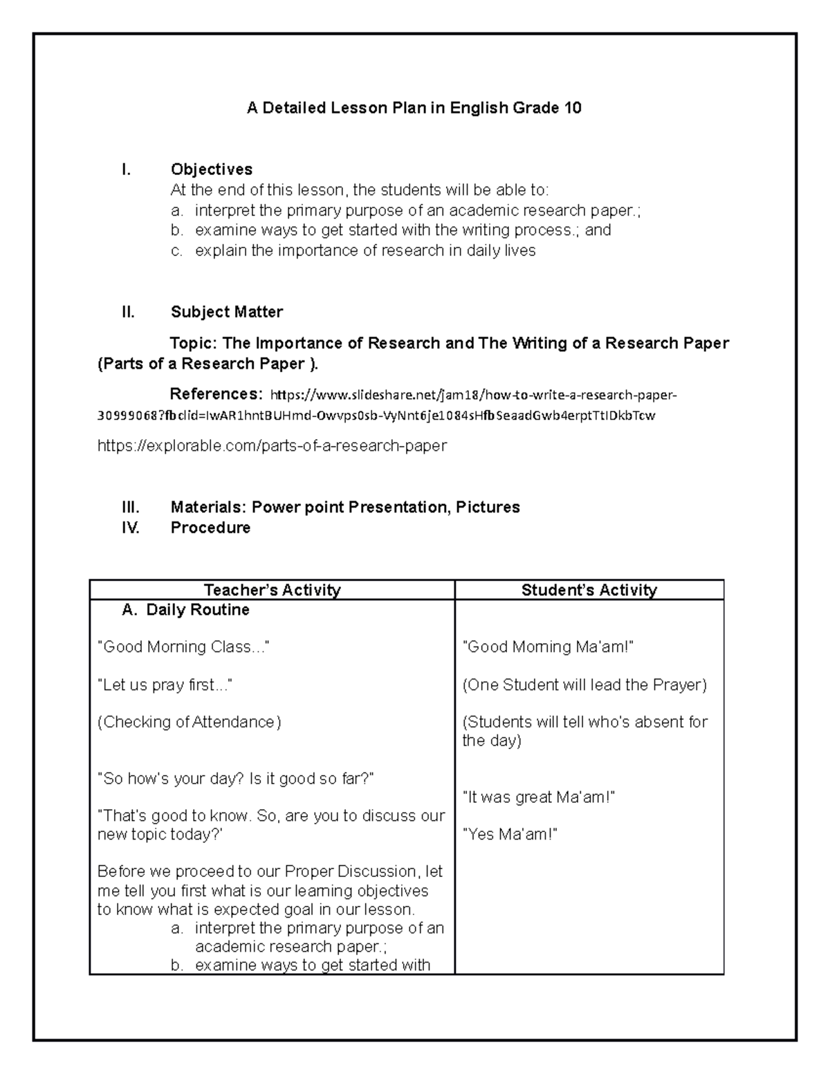 Lesson Plan: Writing a Research Paper - Grade 10 English - Studocu