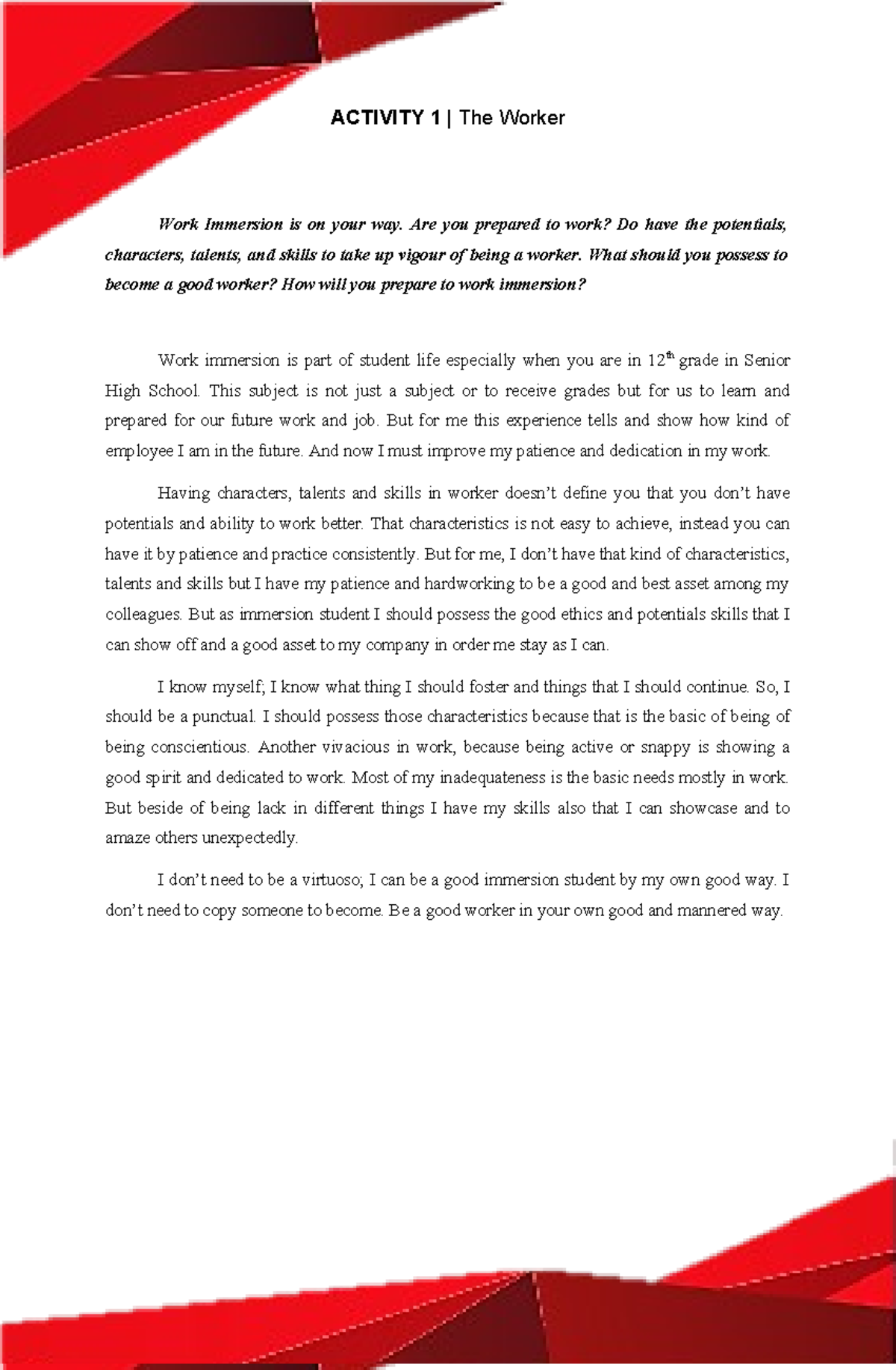 Pdfcoffee - lecture - ACTIVITY 1 | The Worker Work Immersion is on your way. Are you prepared to ...