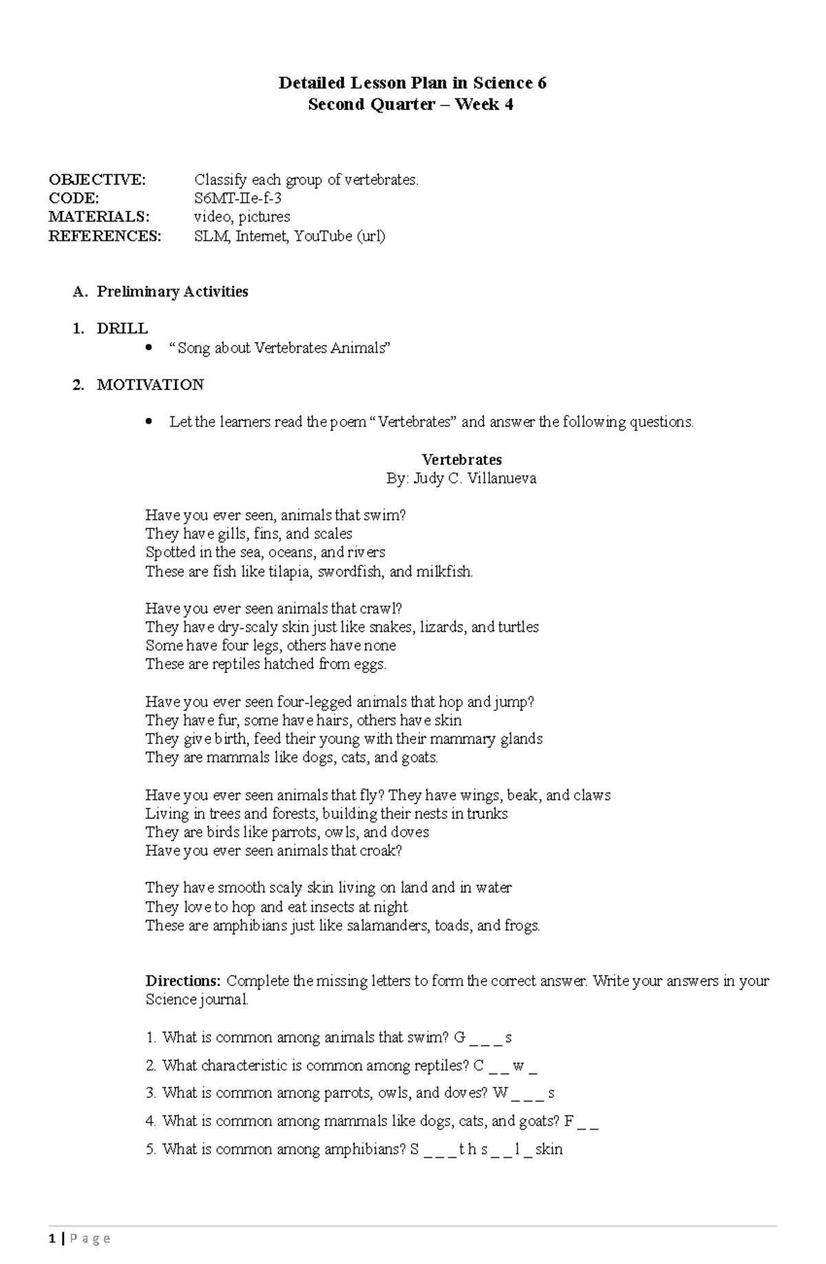 Detailed Lesson Plan for Science 6 - Q2: Classifying Vertebrates - Studocu