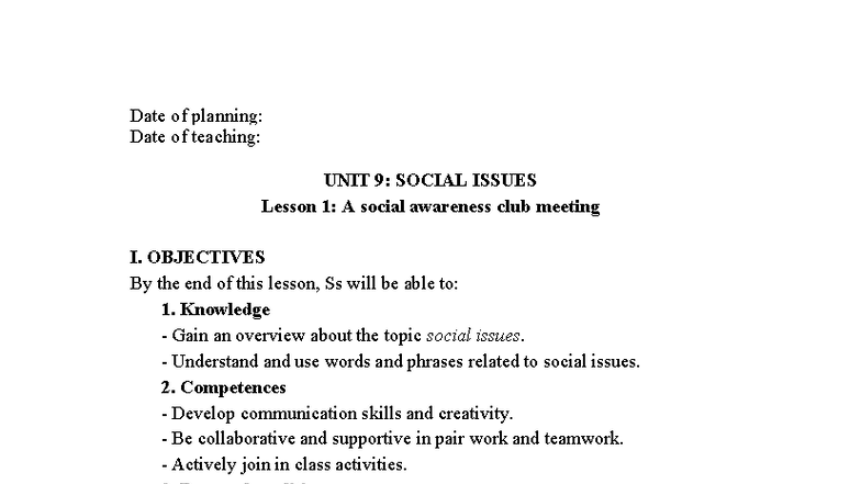UNIT 9: SOCIAL ISSUES - Lesson 1 Overview and Activities - Studocu