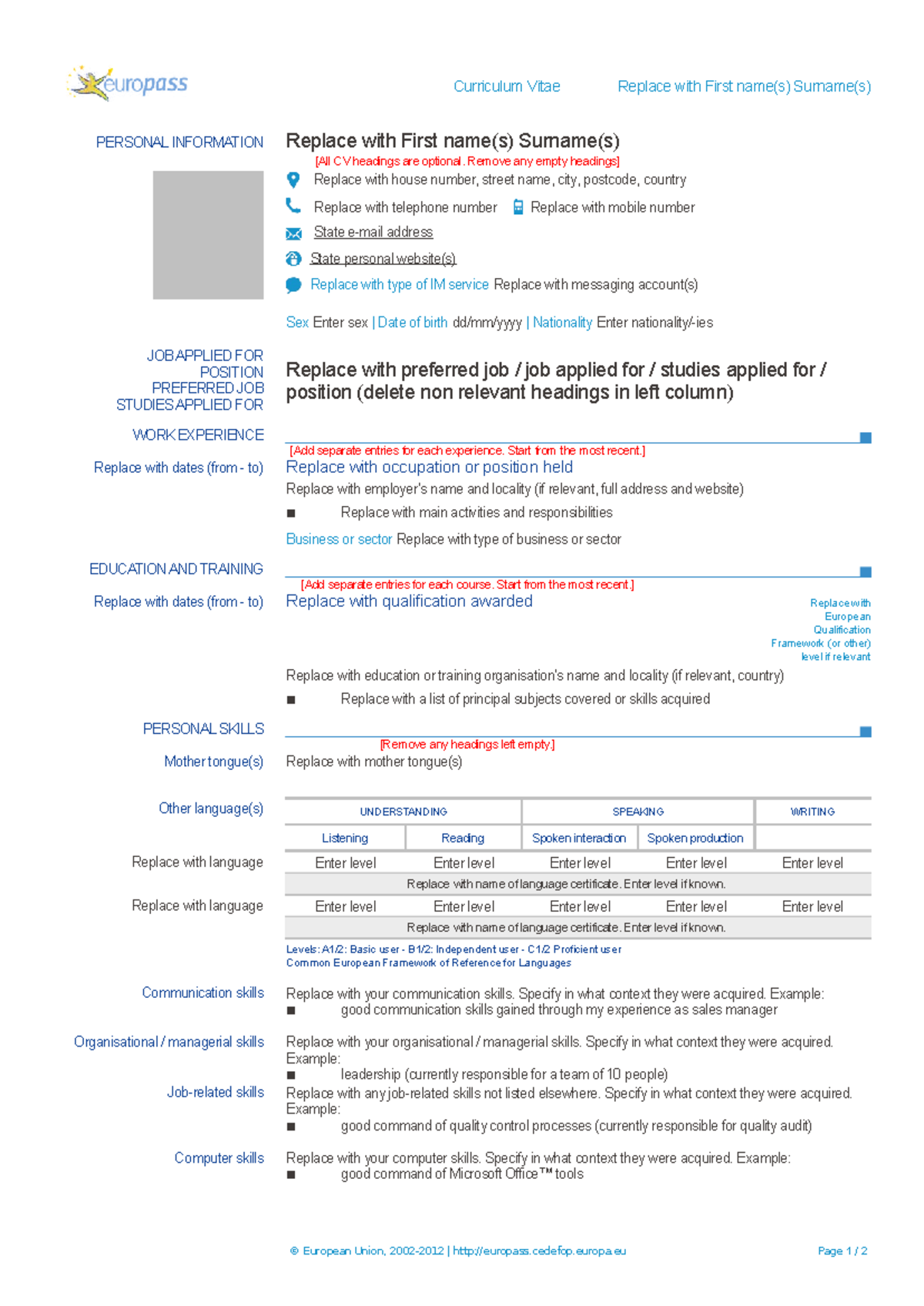 Europass CV Template - Personal Information & Skills Guide - Studocu