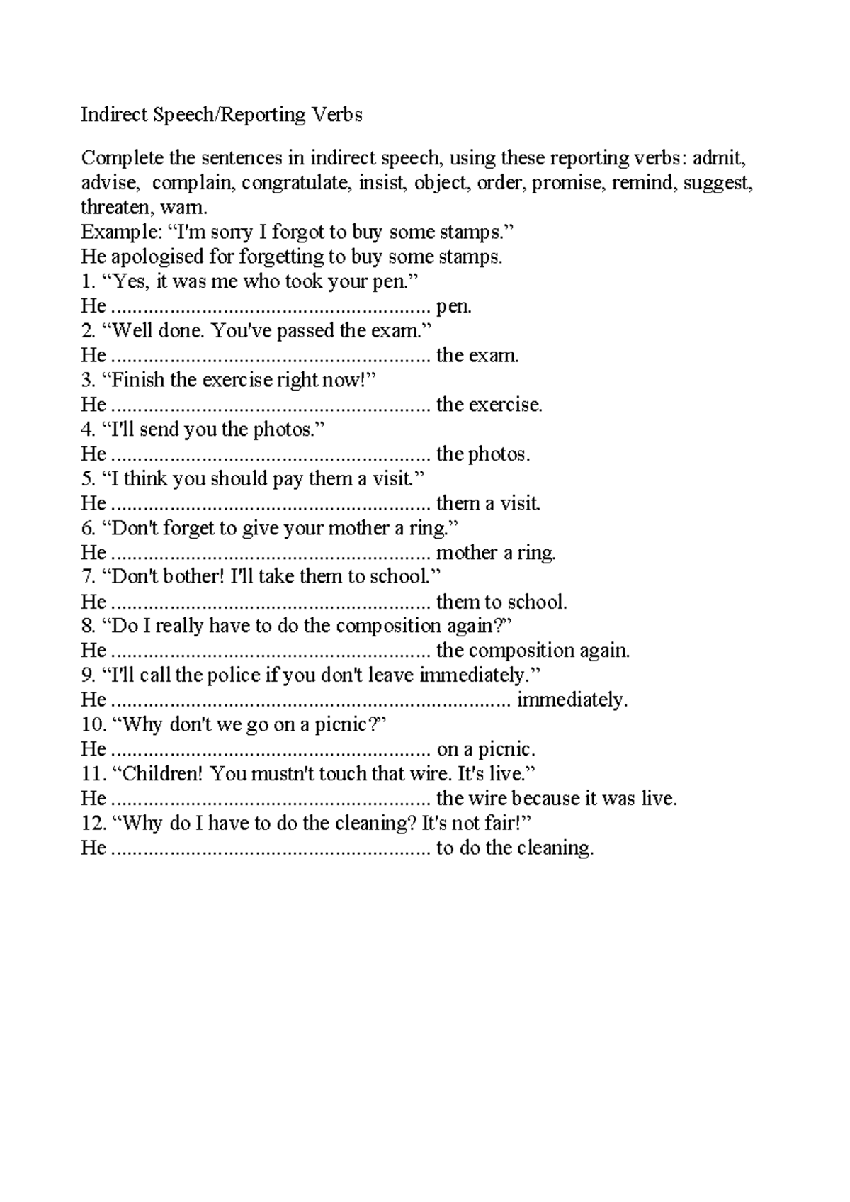 Reporting Verbs Exercise: Indirect Speech Practice - Studocu