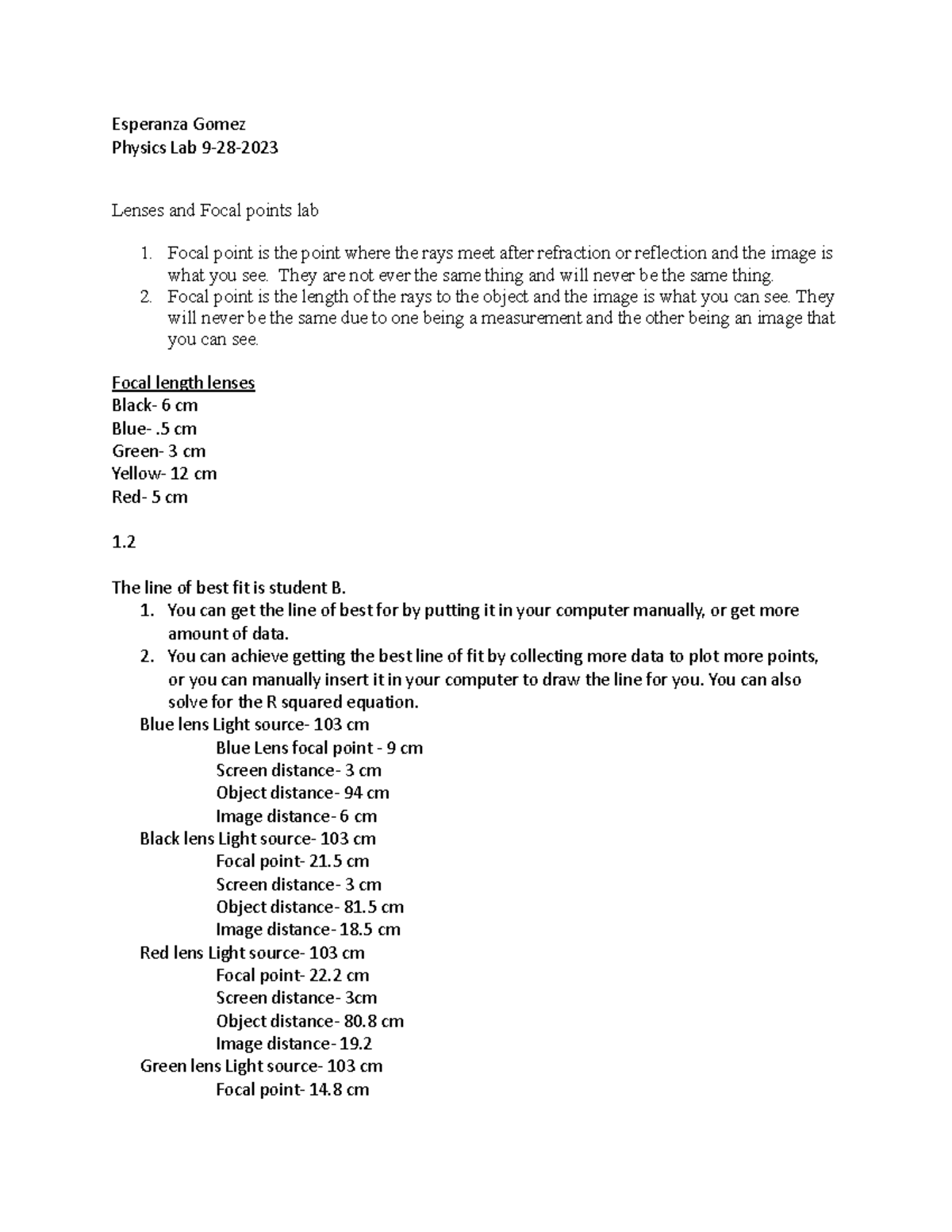 Physics Lab Report: Lenses and Focal Points Analysis - Studocu