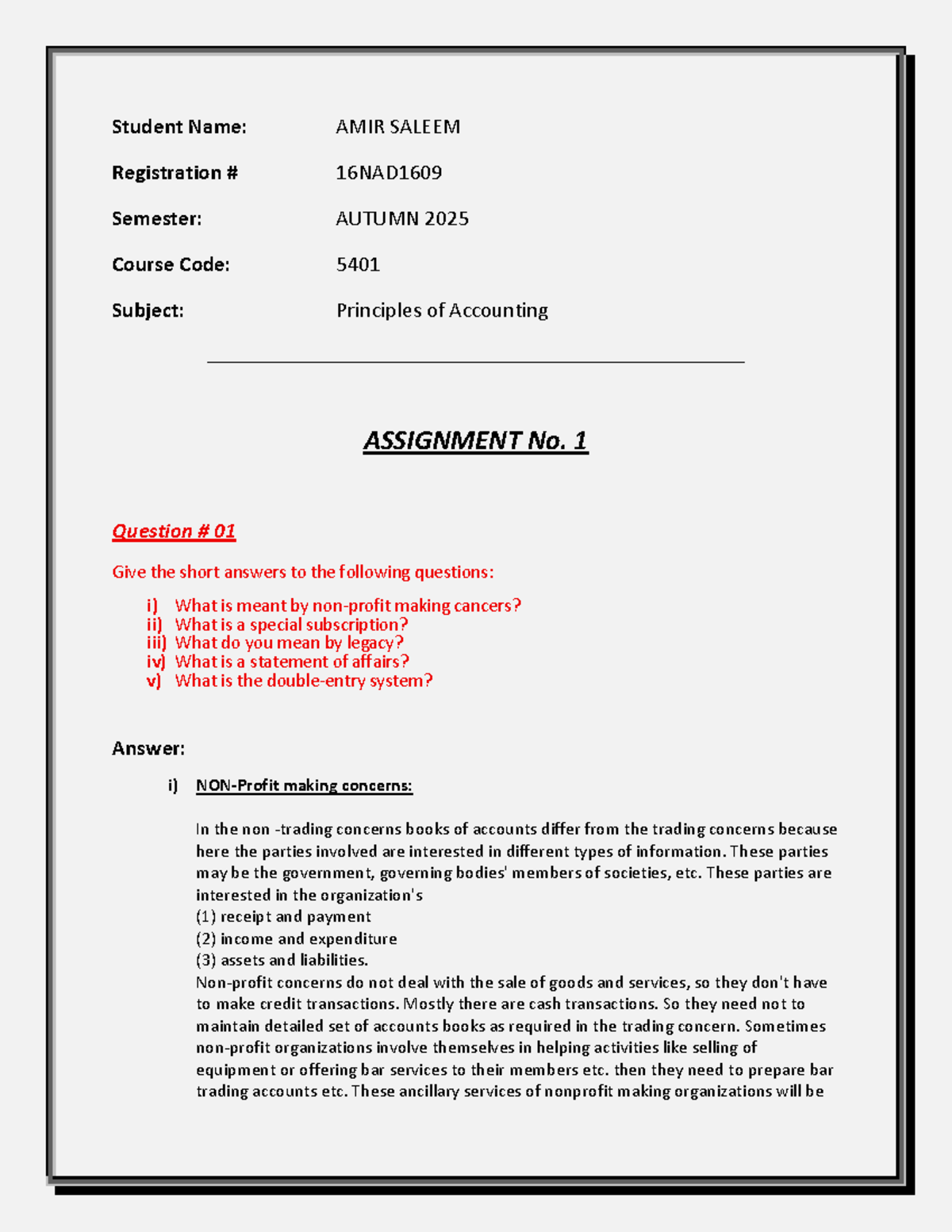 5401 - Principles of Accounting Assignment 1: Short Answers & Journal ...