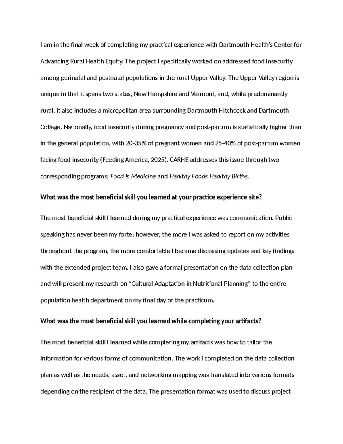 Mod 10 Discussion: Reflections on Practical Experience at CARHE - Studocu