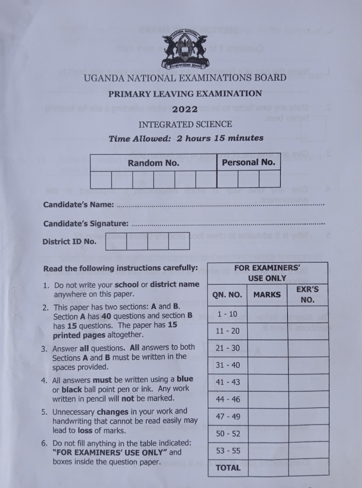 PLE 2022 Integrated Science National Exam Paper Guide - Studocu
