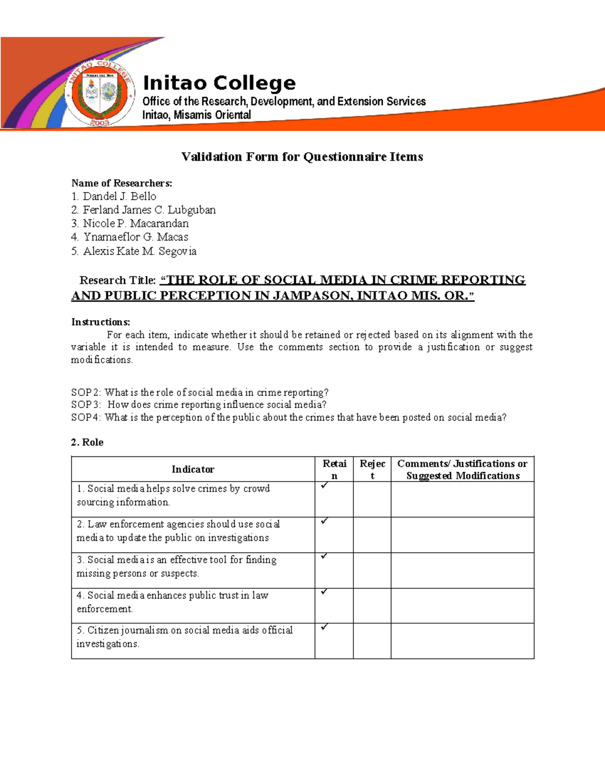 Validation form for questionnaire items on social media and crime ...