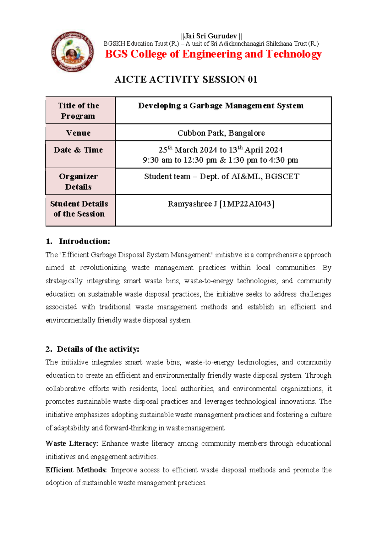 AICTE Activity Report: Waste & Water Management Initiatives at BGSCET ...