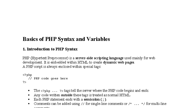 PHP Basics: Syntax, Variables, and Operators Overview - Studocu