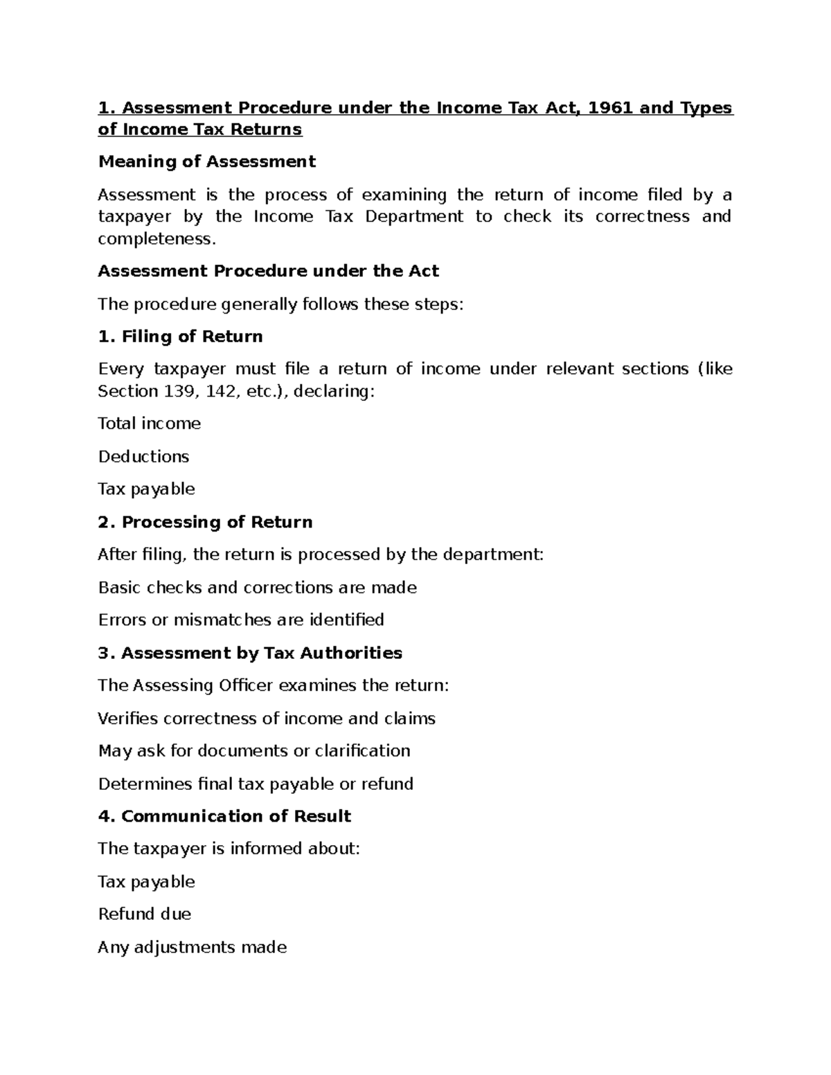 Assessment Procedure & Types of Income Tax Returns - Taxation Law Notes ...