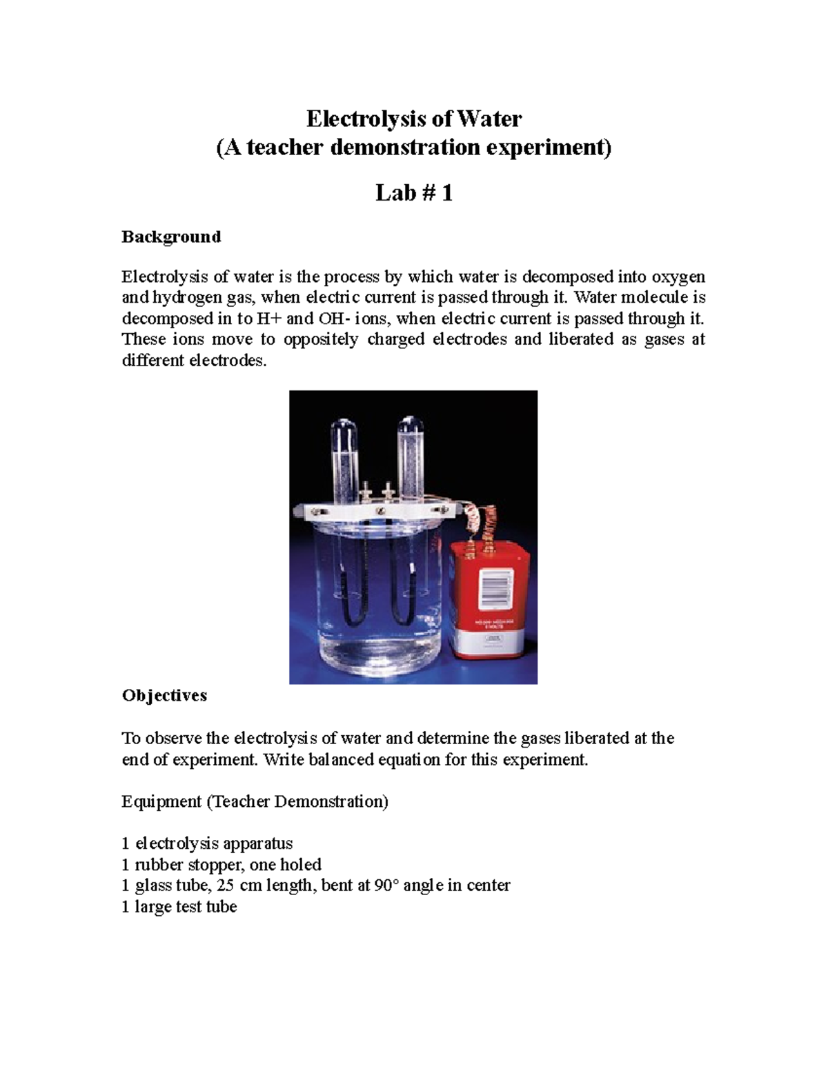 Electrolysis of Water - LAB # 1 Overview and Procedure - Studocu