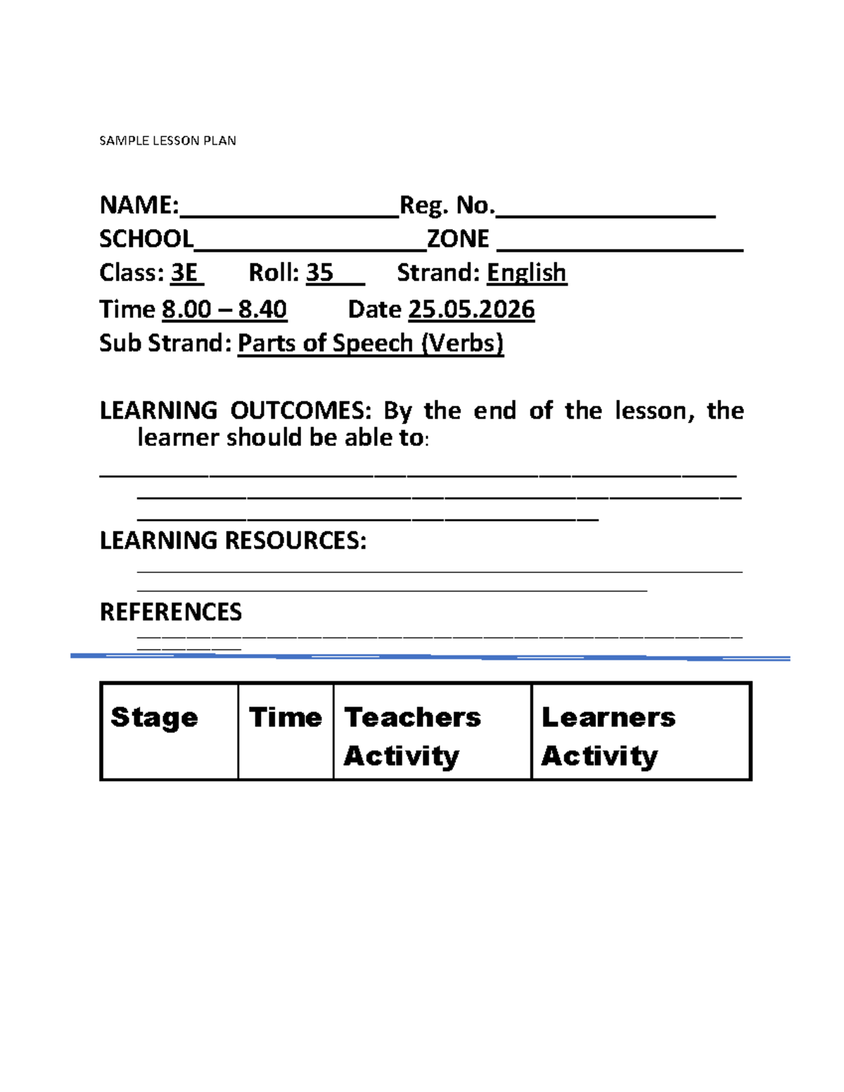 Lesson PLAN Template - SAMPLE LESSON PLAN NAME:Reg. No. SCHOOL ...