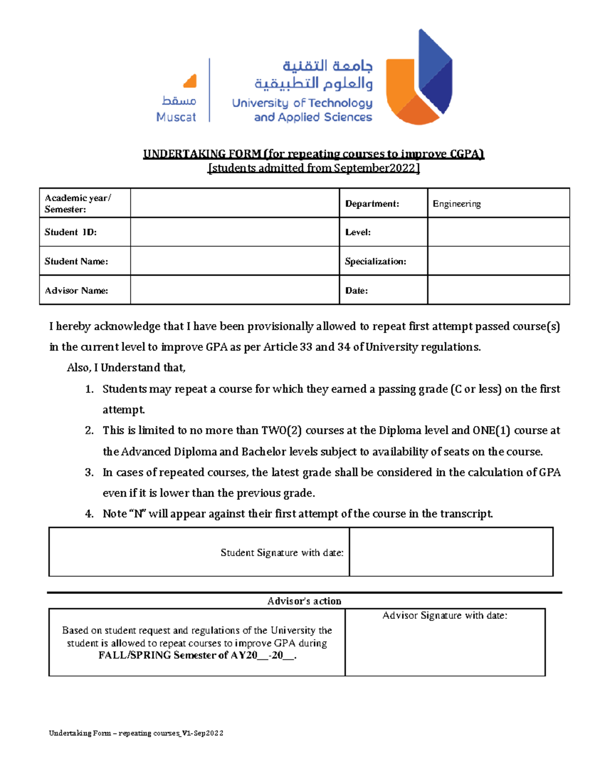 Undertaking Form for Repeating Courses to Improve GPA - Studocu