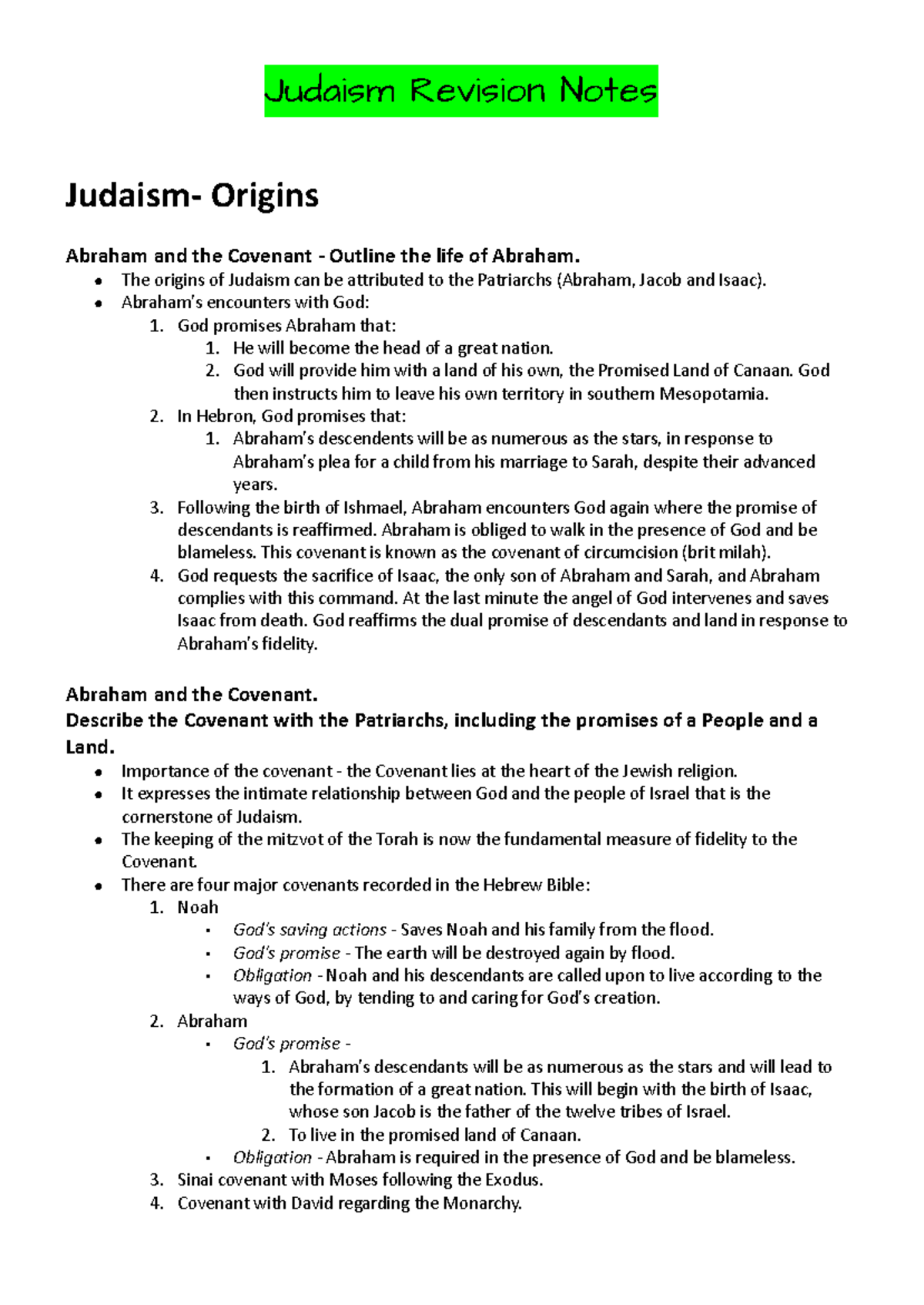 Judaism (RE101) - Revision Notes on Abraham, Covenants, and Ethics ...